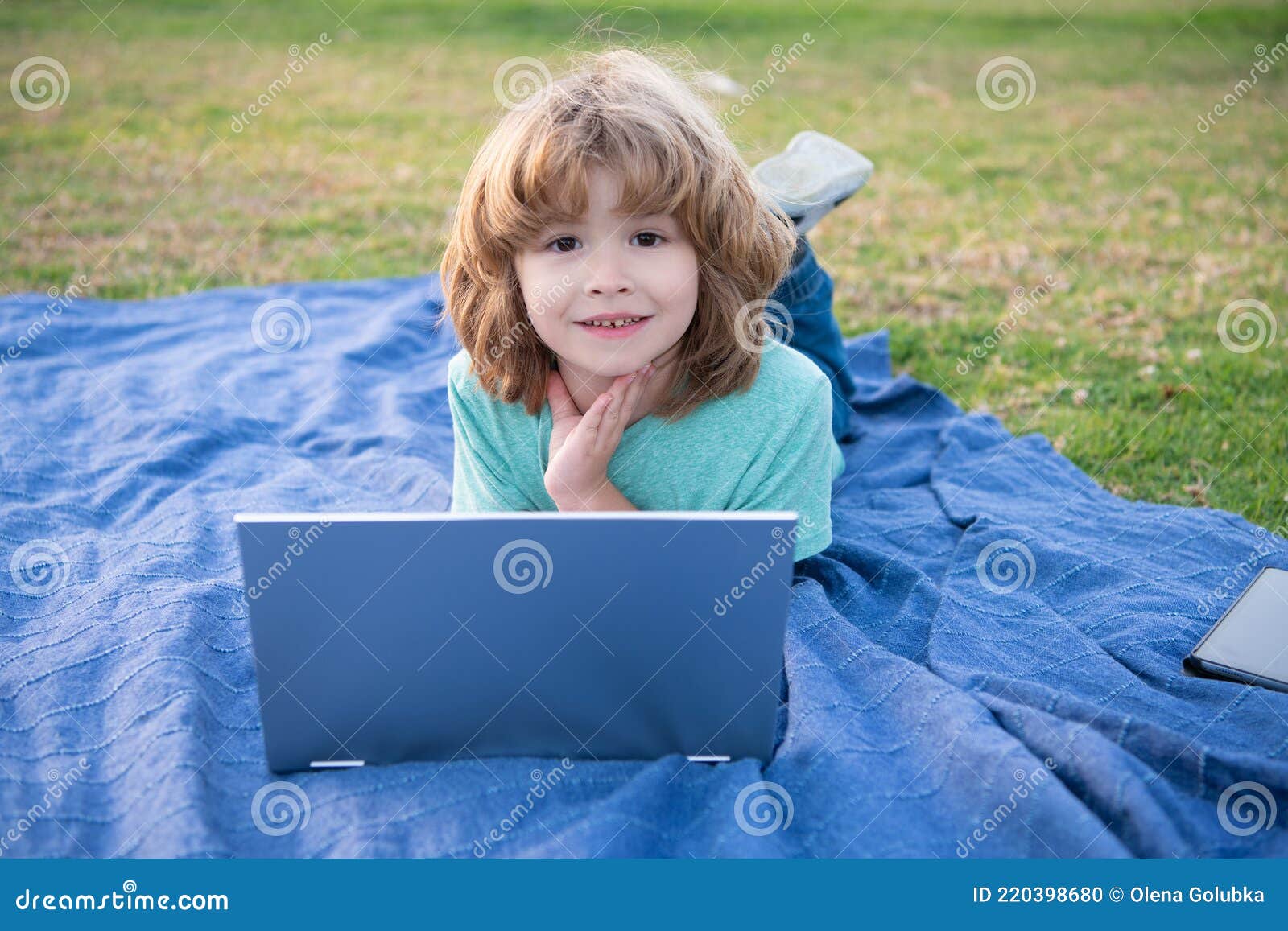 Discover Online Learning. Boy Child Use Laptop Natural Outdoors Stock ...