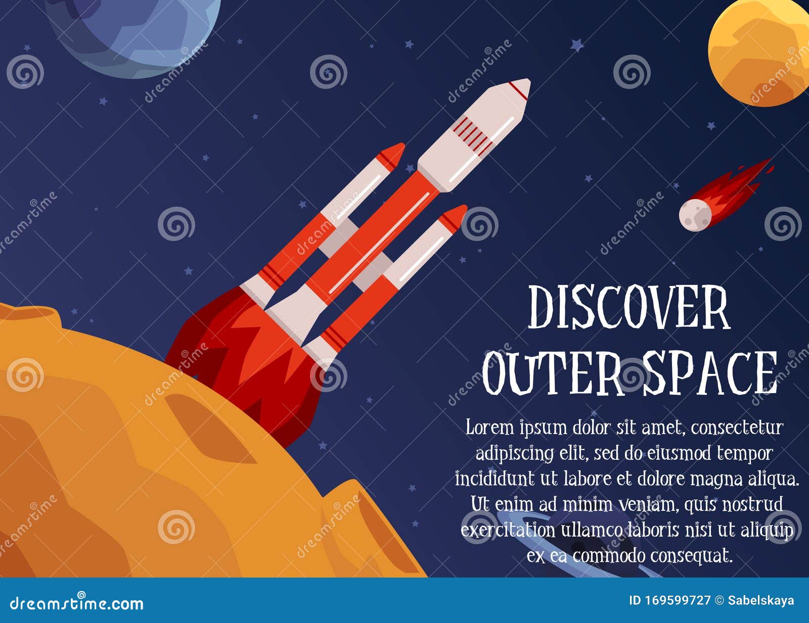 Discover Outer Space - Text and Rocket Launching To Stars Vector ...