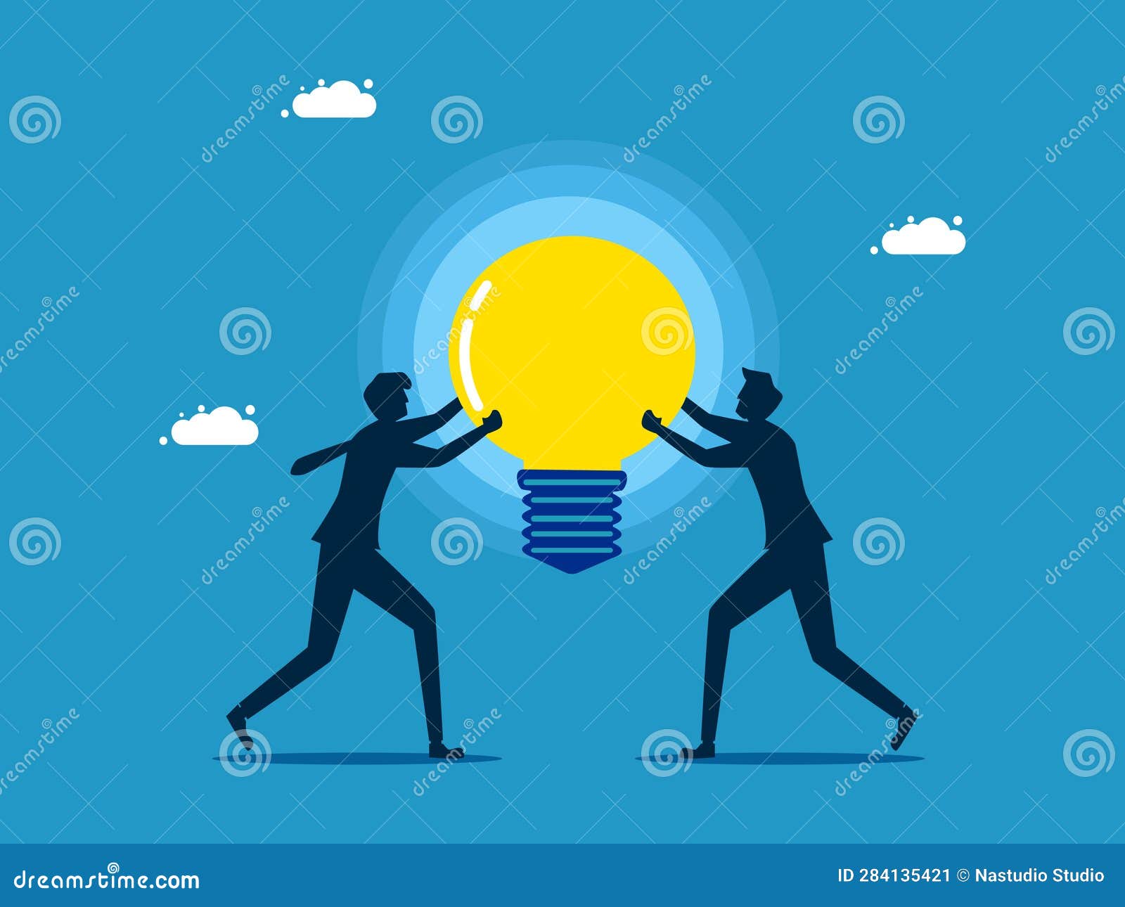Discover the Same Idea. Businessmen Join Hands Holding a Large Light ...