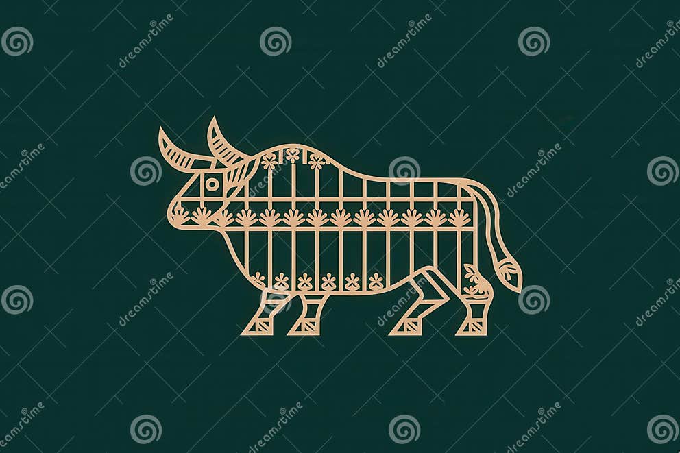 Intricate Stylized Bull Illustration Dark Green Background - Symbol ...
