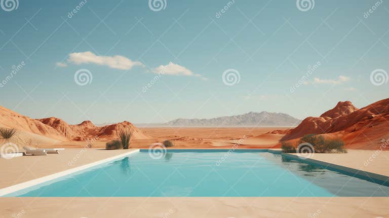 Desert Oasis Serenity: Rectangular Pool Glistening in Vast, Arid ...