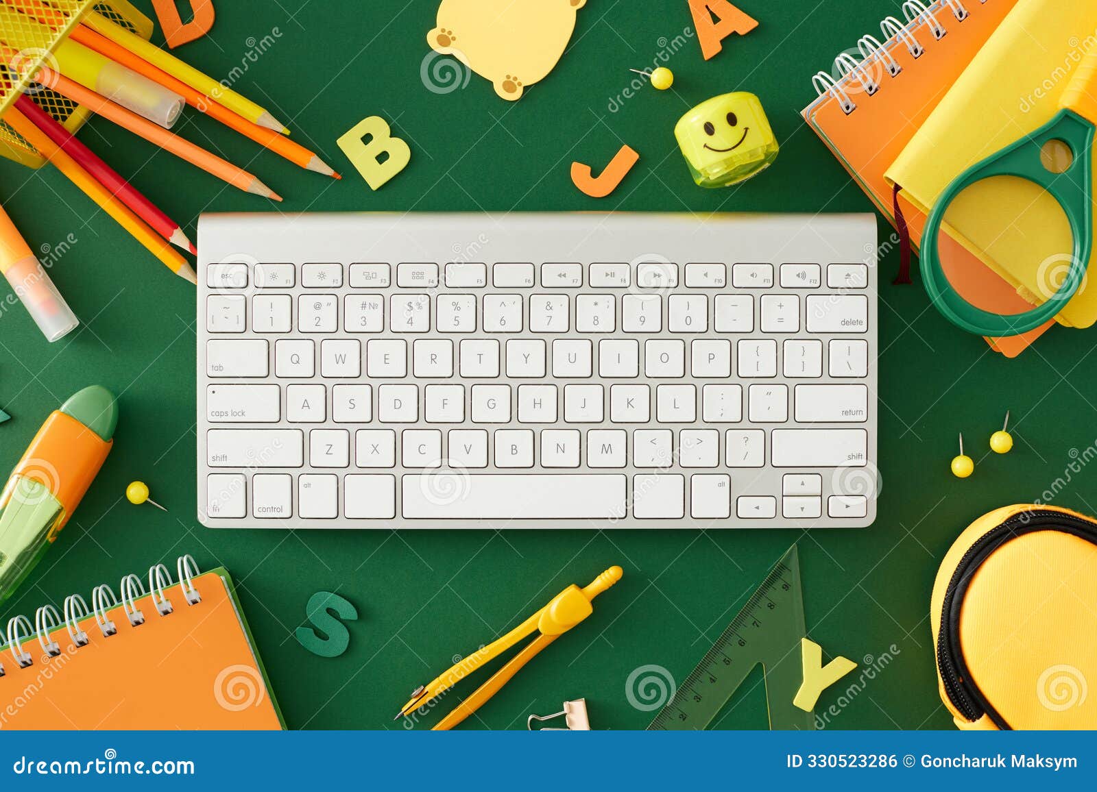 Top View Shot of Keyboard, Educational Tools, Letters on Green ...