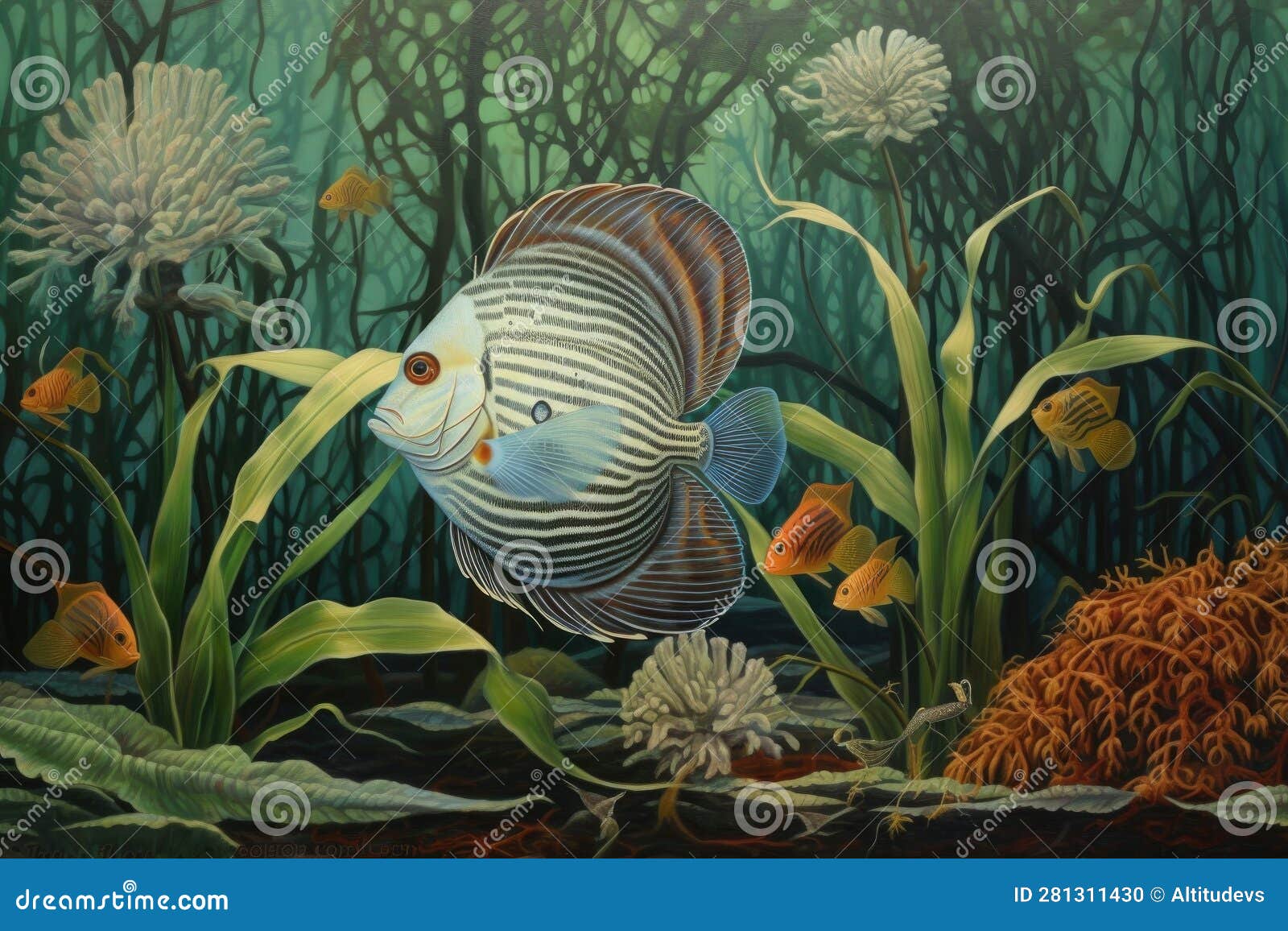 Discus Fish Elegantly Swimming among Aquatic Plants Stock Illustration ...