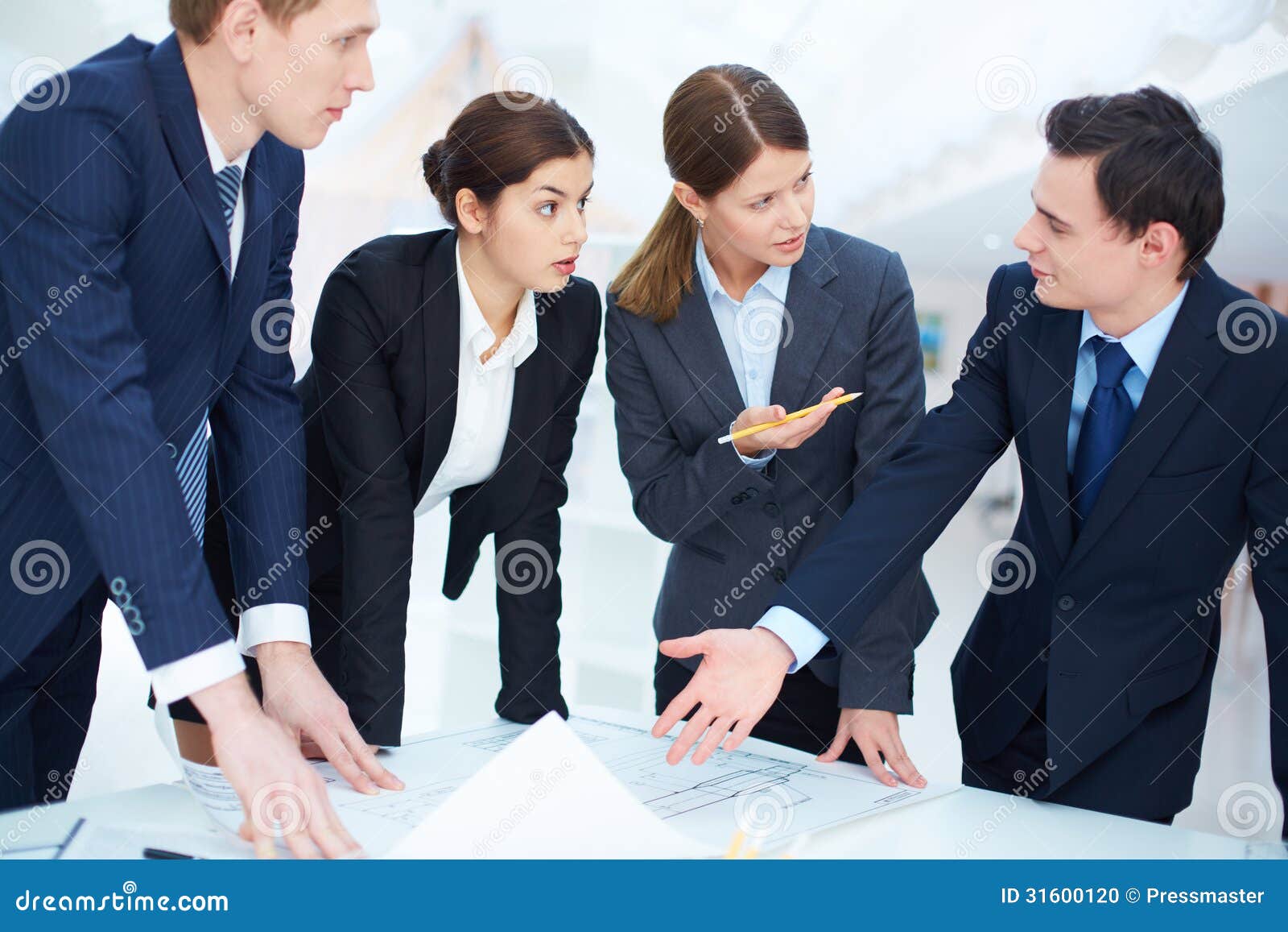 Discussing blueprint stock photo. Image of inside, busy - 31600120