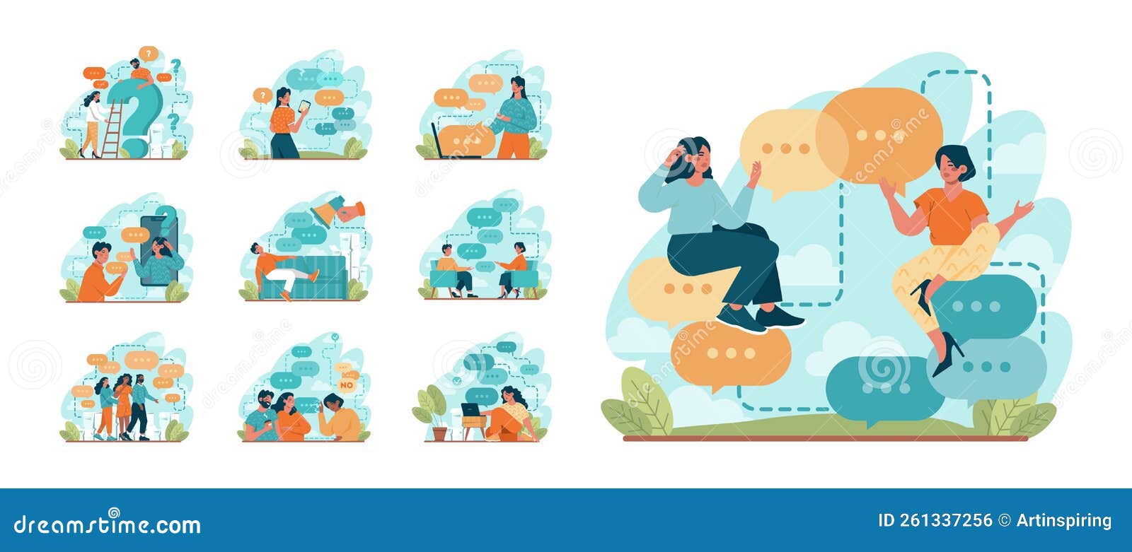 Discussion Concept Set. Characters with a Dialog Bubble, Communicating ...