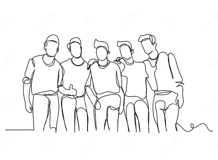 Disegno A Tratteggio Continuo Di Un Gruppo Di Amici Che Godono Di Una Linea Illustrazione Di