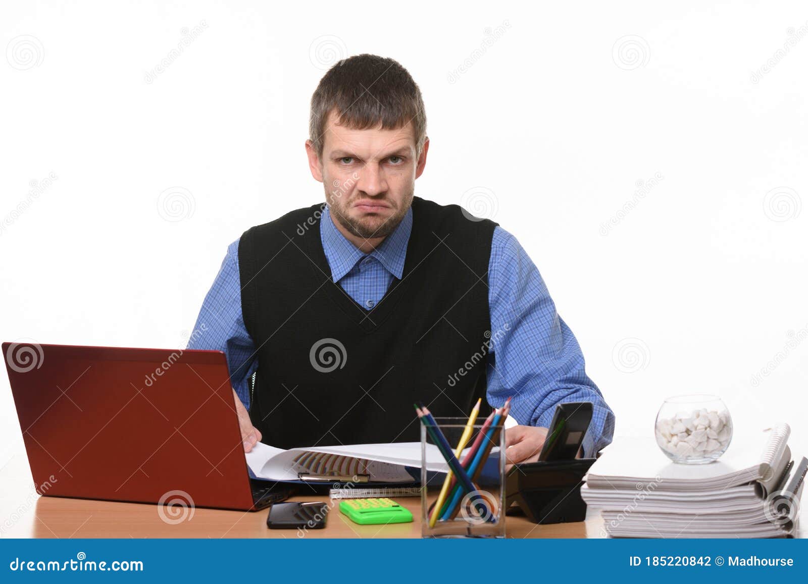 Disgruntled Office Worker Sits in His Workplace Stock Photo - Image of ...
