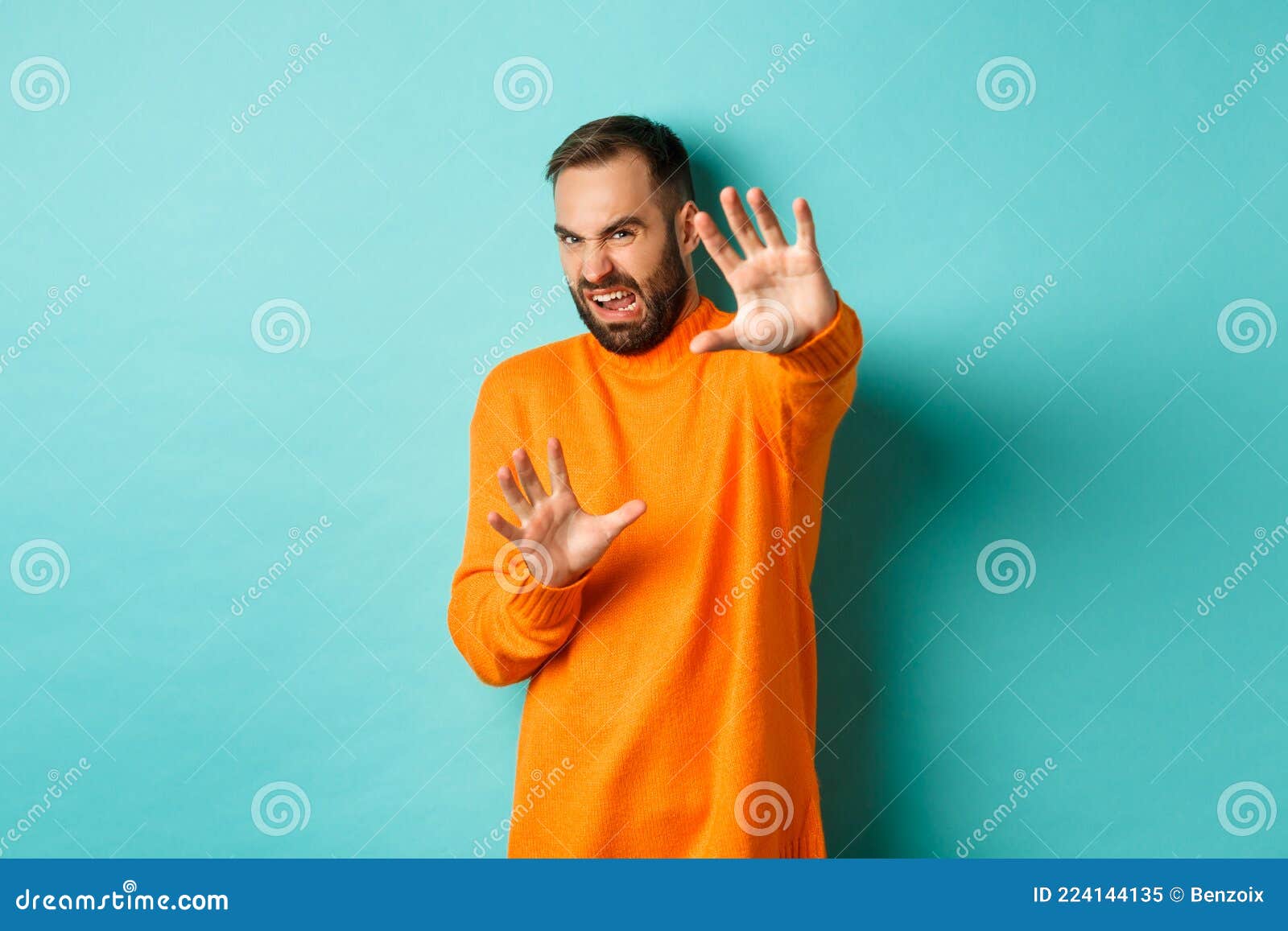 Disgusted Man Cringe and Extending Hands in Protection, Begging for ...