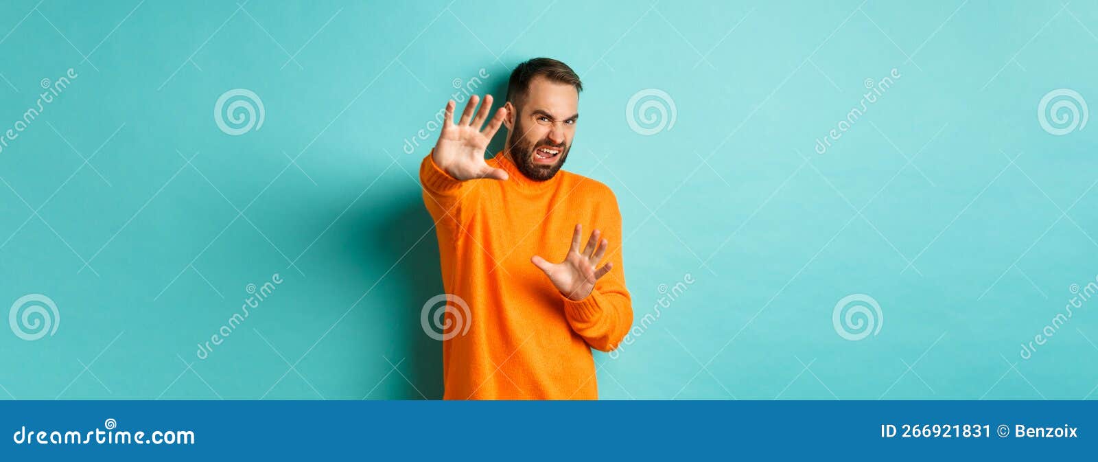 Disgusted Man Cringe and Extending Hands in Protection, Begging for ...