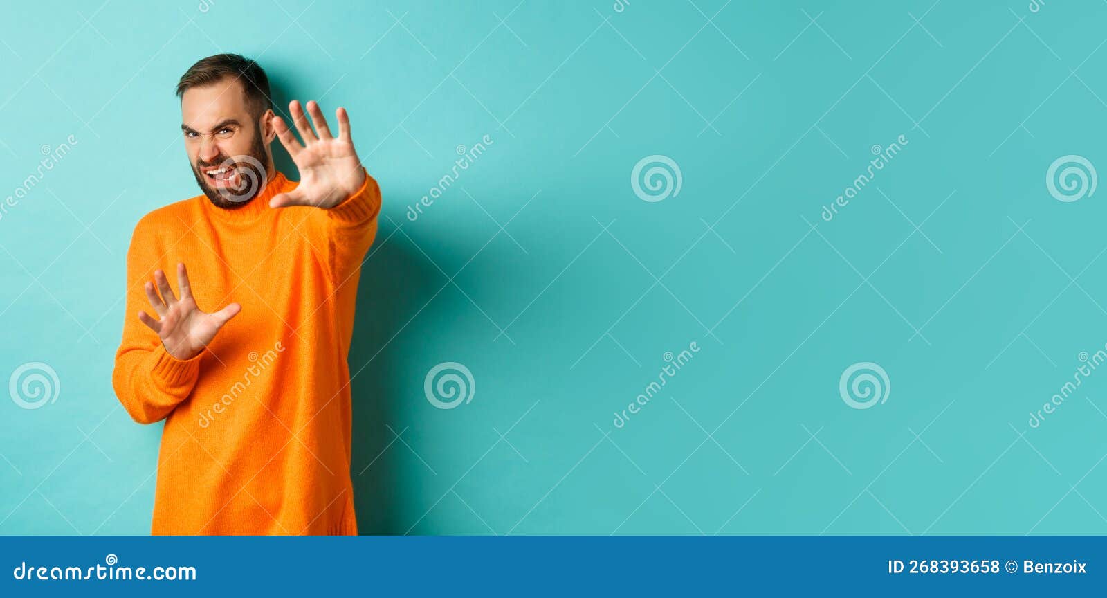 Disgusted Man Cringe and Extending Hands in Protection, Begging for ...