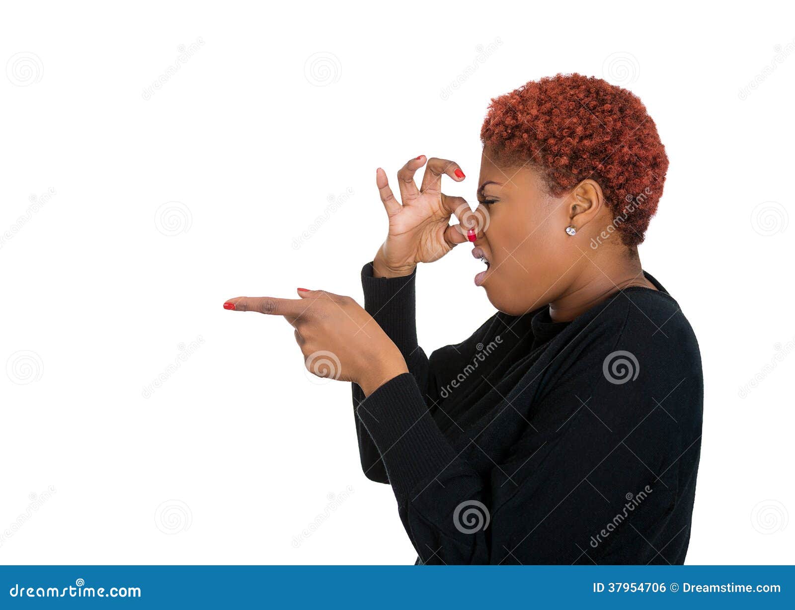 Disgusted woman, bad smell stock photo. Image of black - 37954706