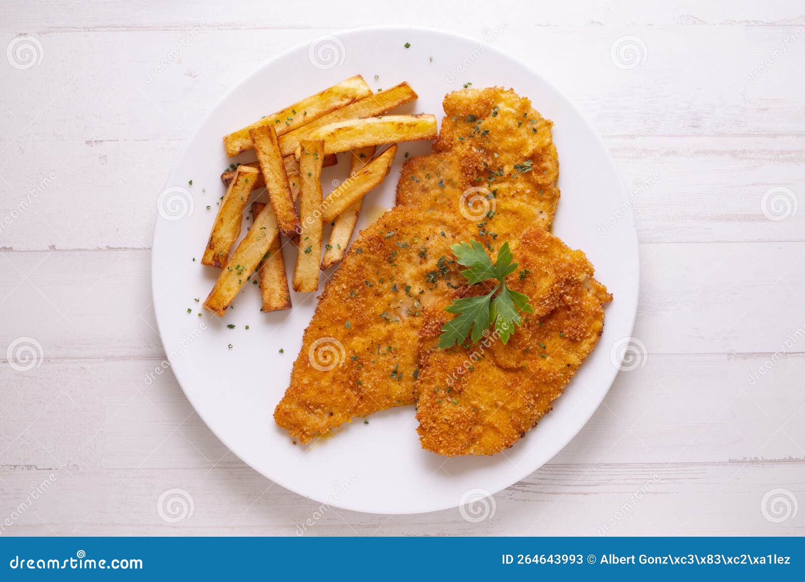 Breaded Chicken Fillet with Potatoes and Salad. Stock Image - Image of ...