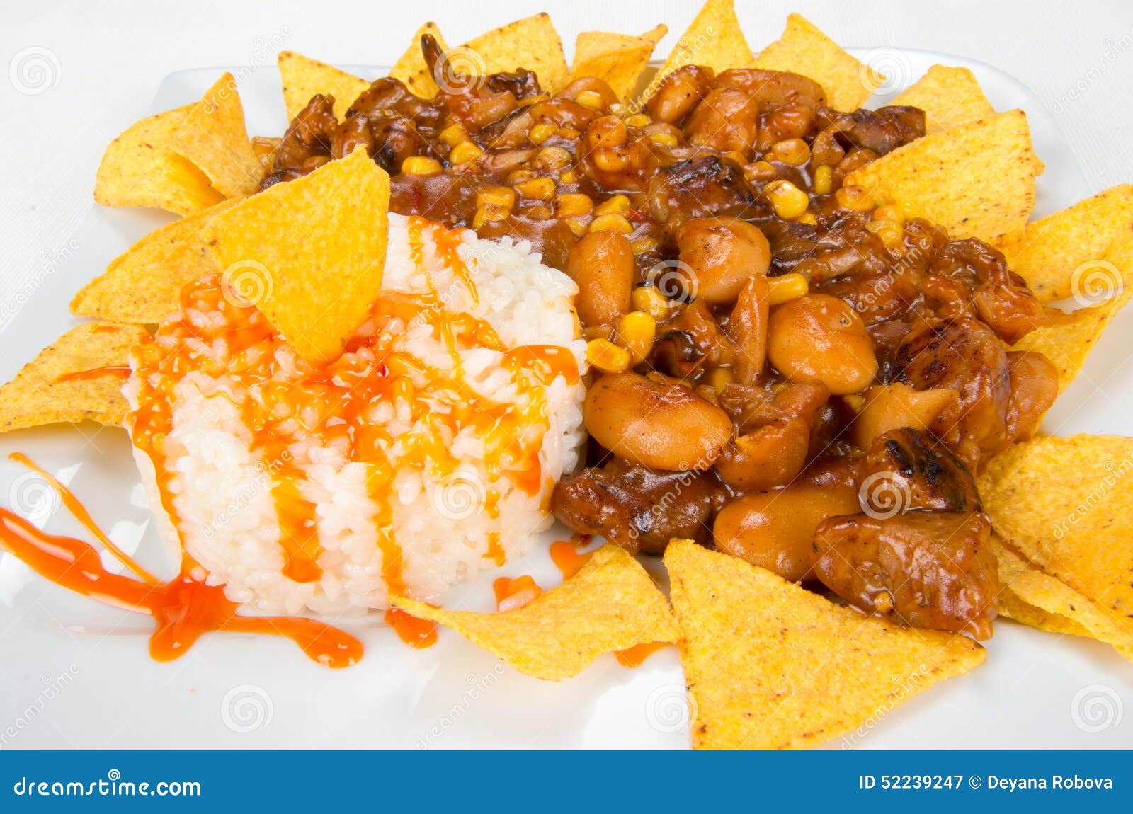 Dish of Chips, Beans, Corn and Rice. Stock Image - Image of flavorful ...