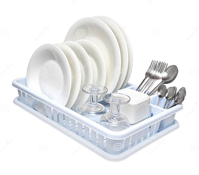 Dish Drainer with Clean Dinnerware Stock Photo - Image of plates ...
