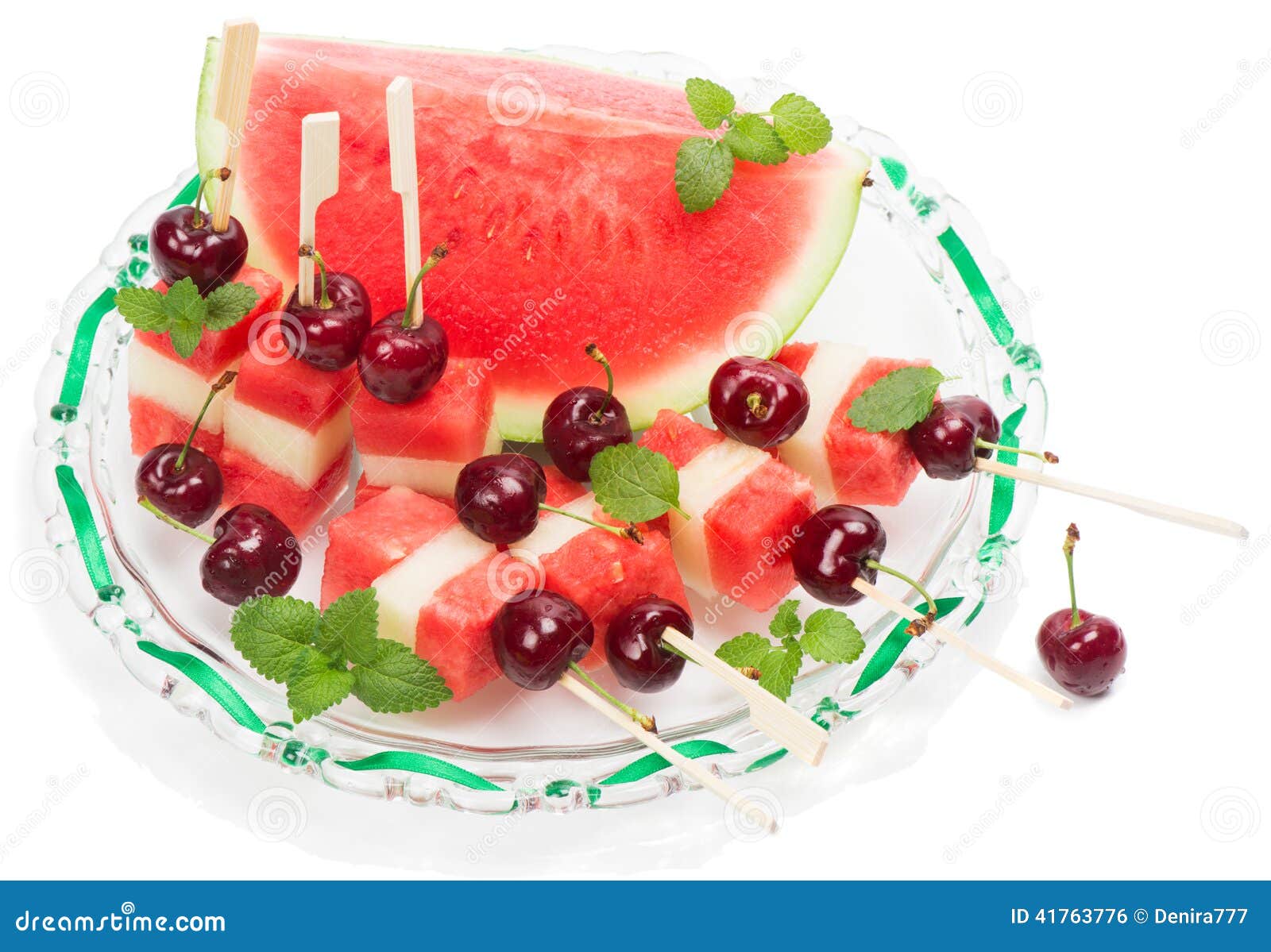 Dish with Fresh Fruit Salad (watermelon, Melon, Cherries, Min Stock ...