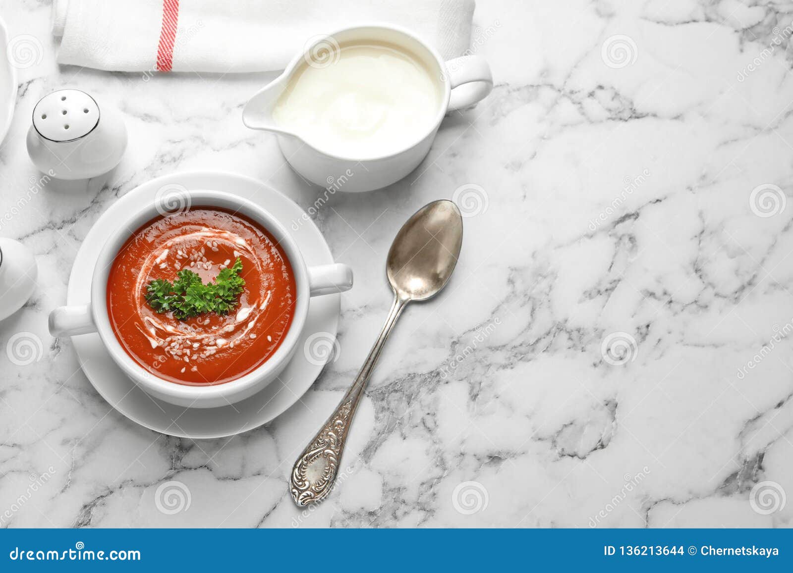 Dish with Fresh Homemade Tomato Soup on Marble Table, Top View Stock ...