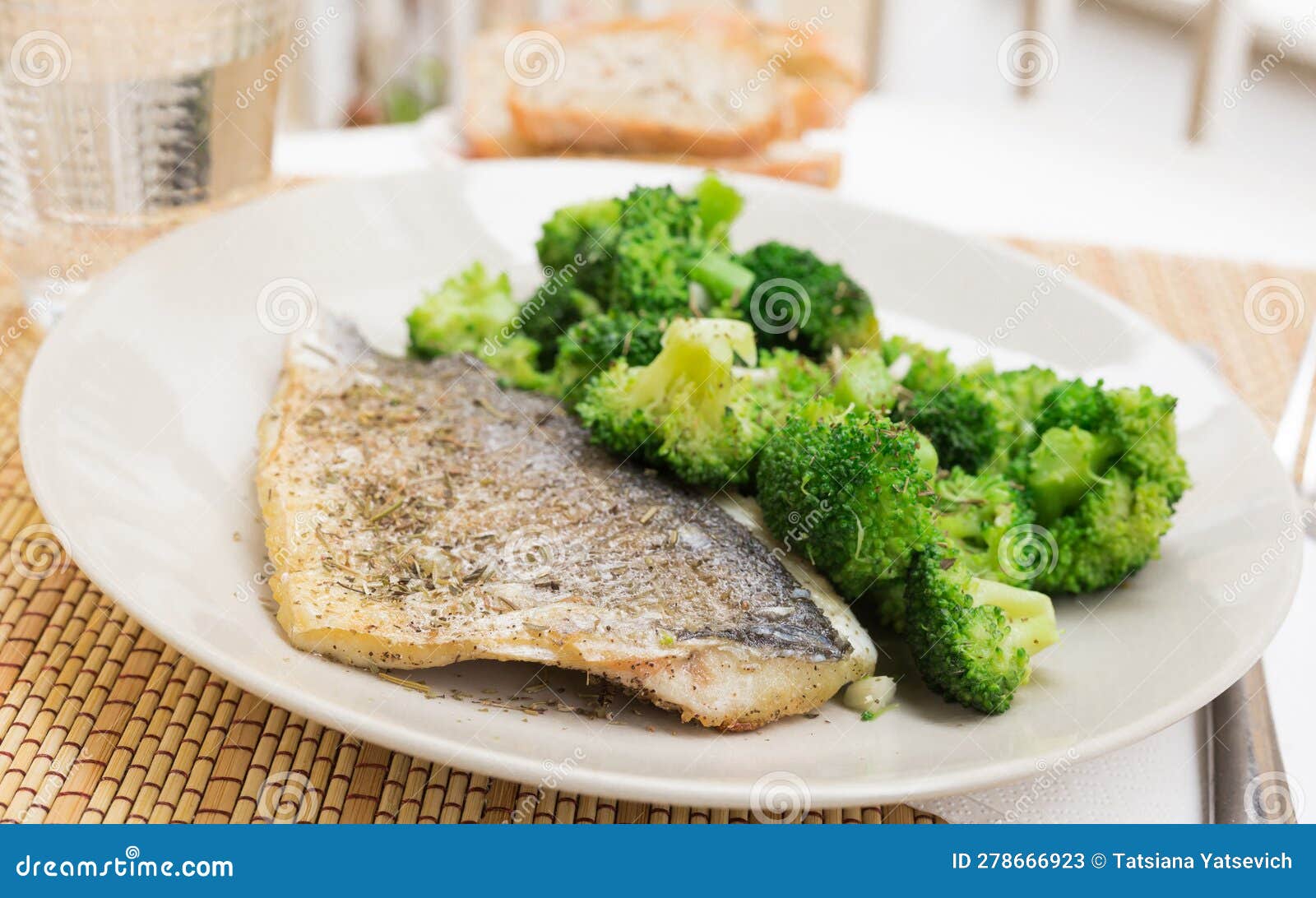 Dish of Fried Dorado Fish Fillet with Boiled Broccoli Stock Image ...