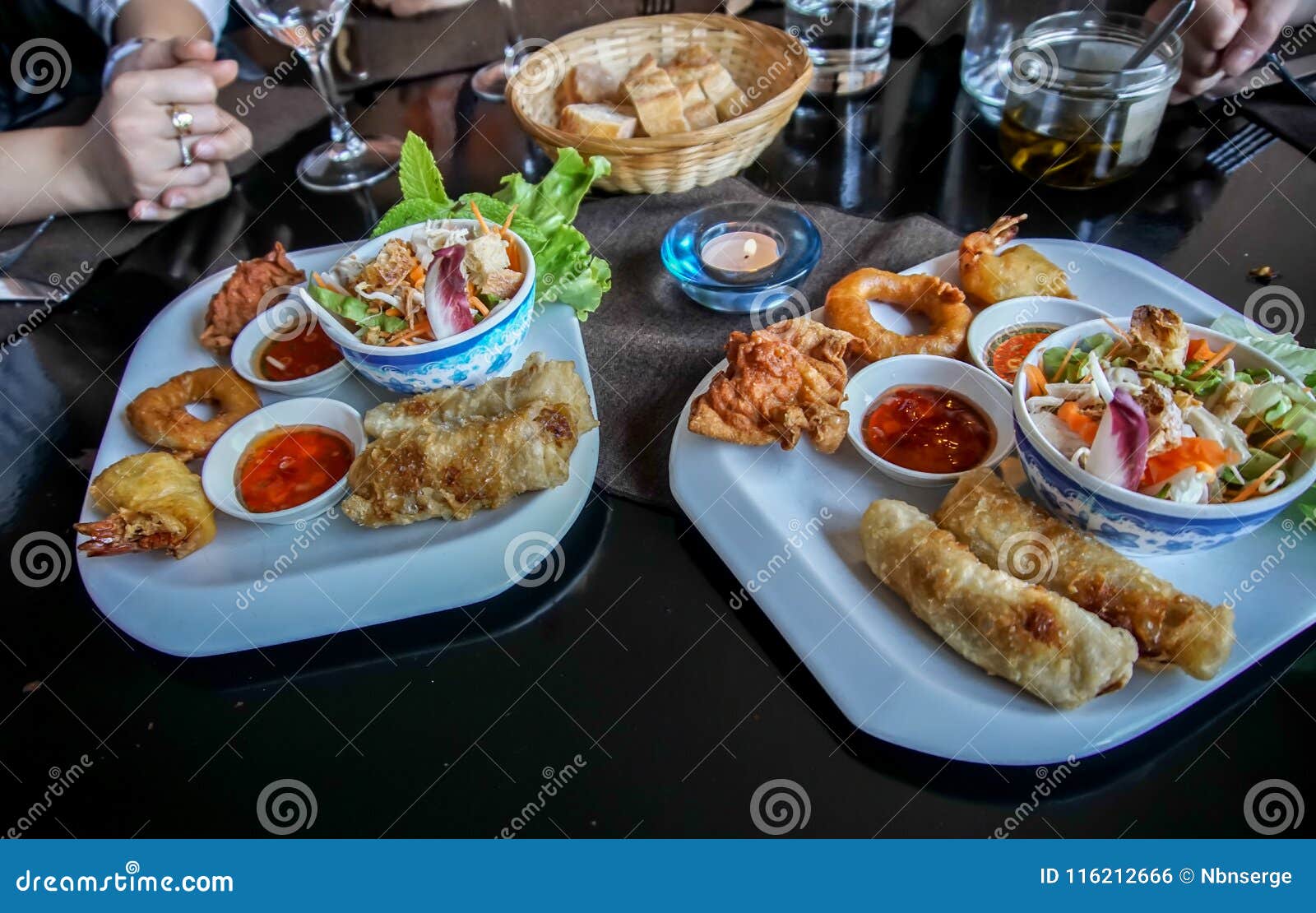 Dish of Fried Spring Roll, Prawn Fritters, Deep Fried Squid Cuttlefish ...