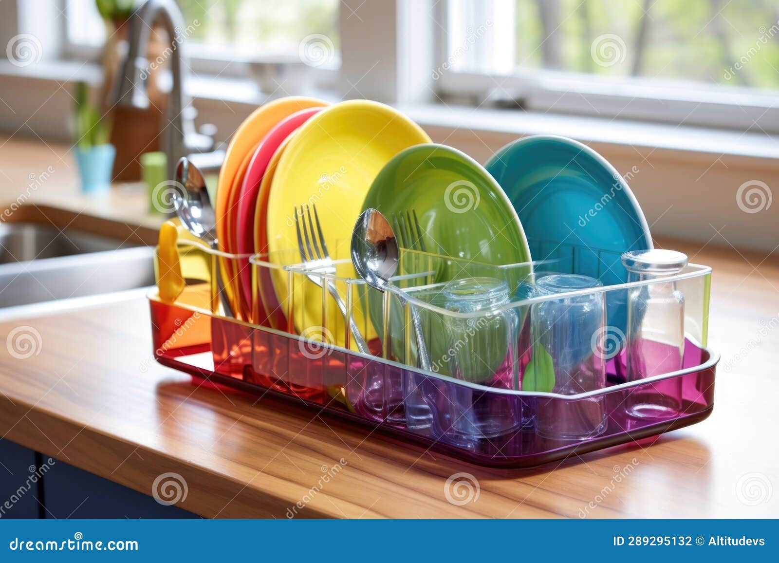 Dish Rack Filled with Clean, Colorful Dishes Stock Photo - Image of ...
