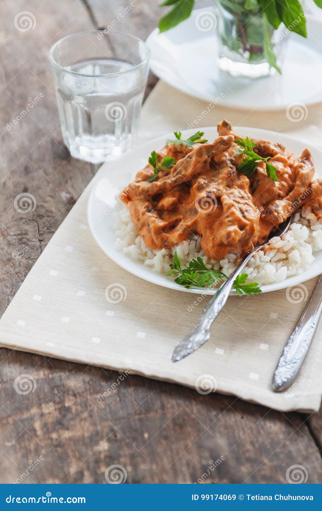 Dish Rice with Beef Stroganoff on a White Plate Stock Image - Image of ...