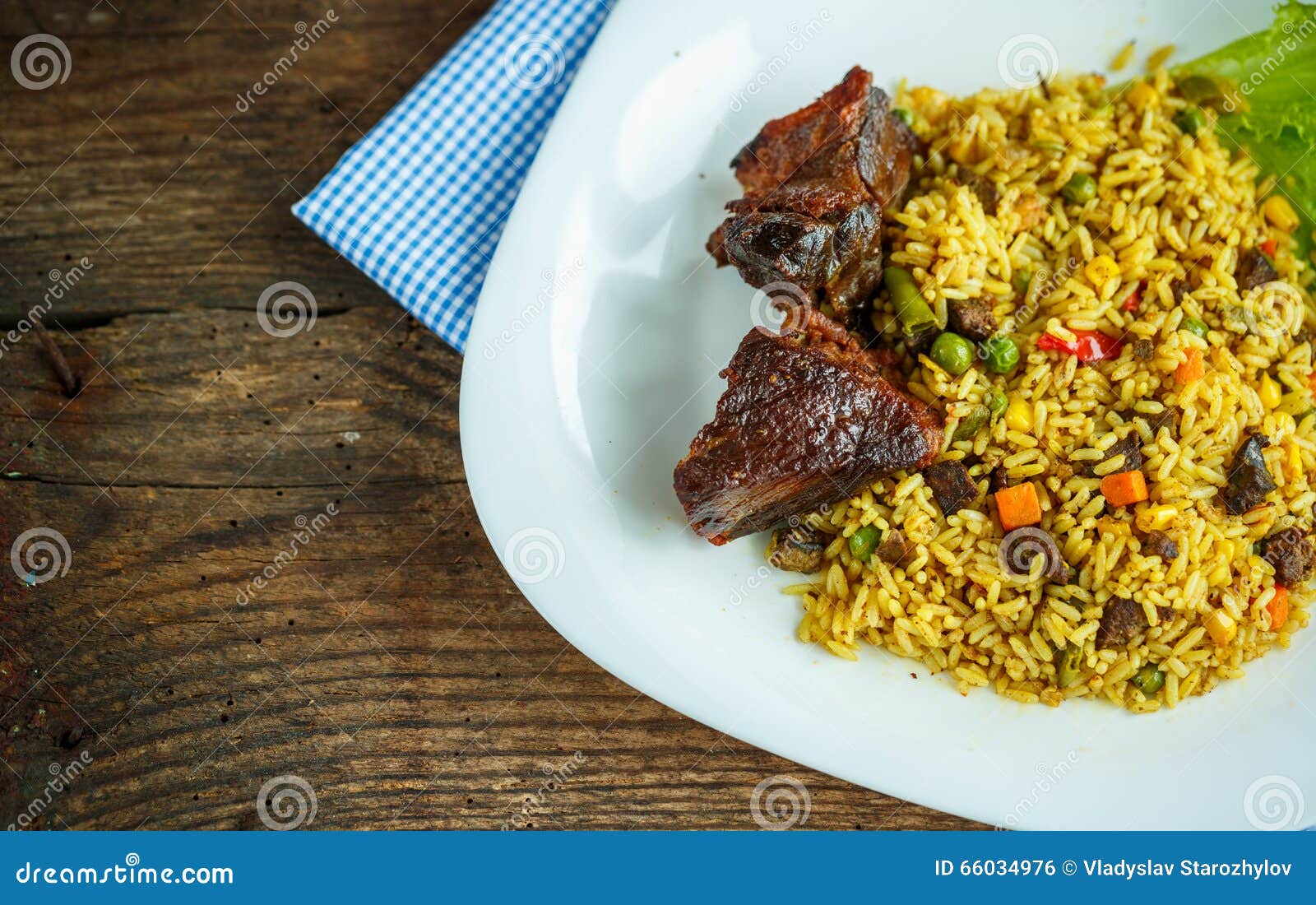 Dish of Roast Beef with Rice and Salad Leaves Stock Photo - Image of ...