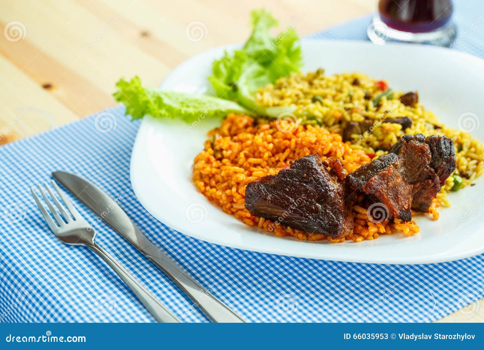 Dish of Roast Beef with Rice and Salad Leaves Stock Image - Image of ...