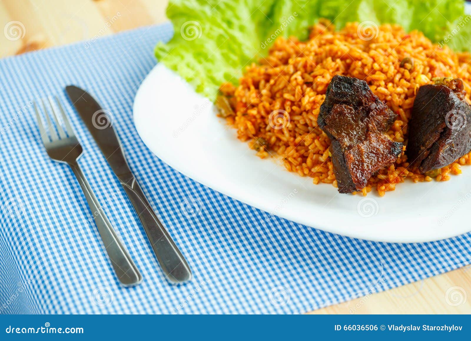 Dish of Roast Beef with Rice and Salad Leaves Stock Photo - Image of ...