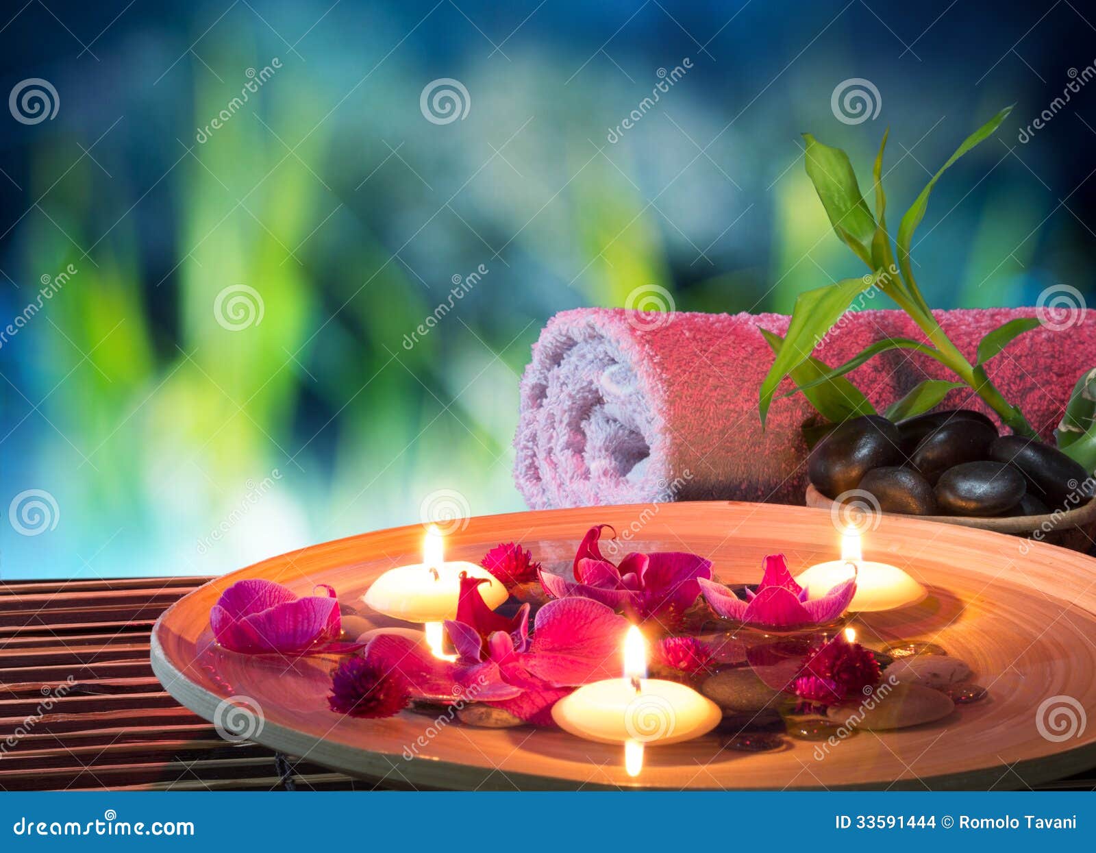 Dish Spa with Floating Candles, Orchid Stock Photo - Image of burn ...