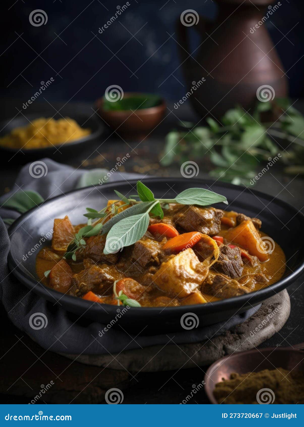 A Dish of Steaming Beef and Vegetable Curry Fragrant with Curry Leaves ...