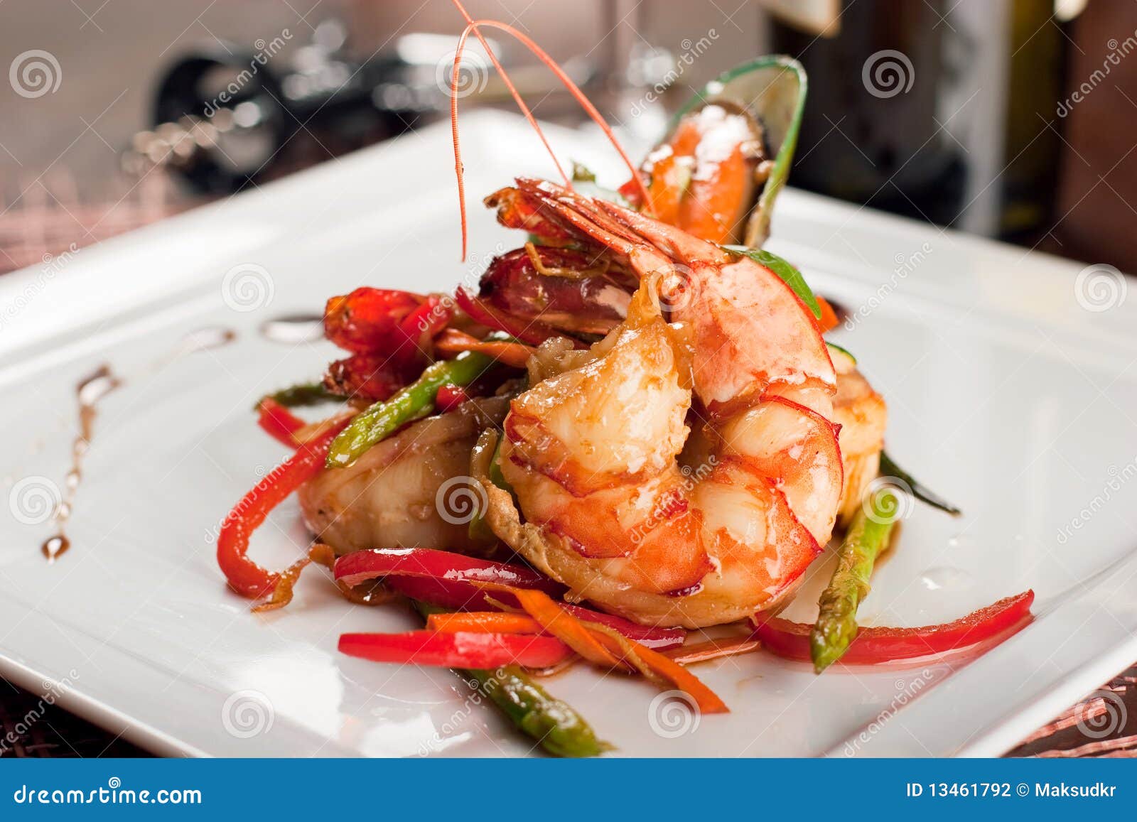 Dish with Tiger Shrimps, Mussels and Vegetables Stock Photo - Image of ...
