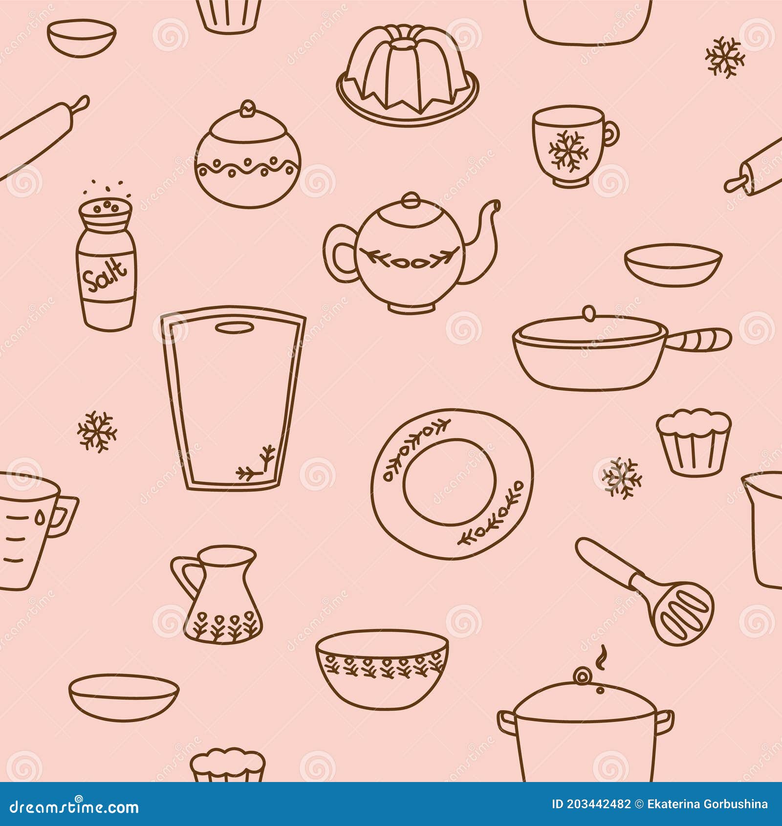 Dishes Outline Pattern with Teapot Milk Jug Plate Mug Cutting Board ...