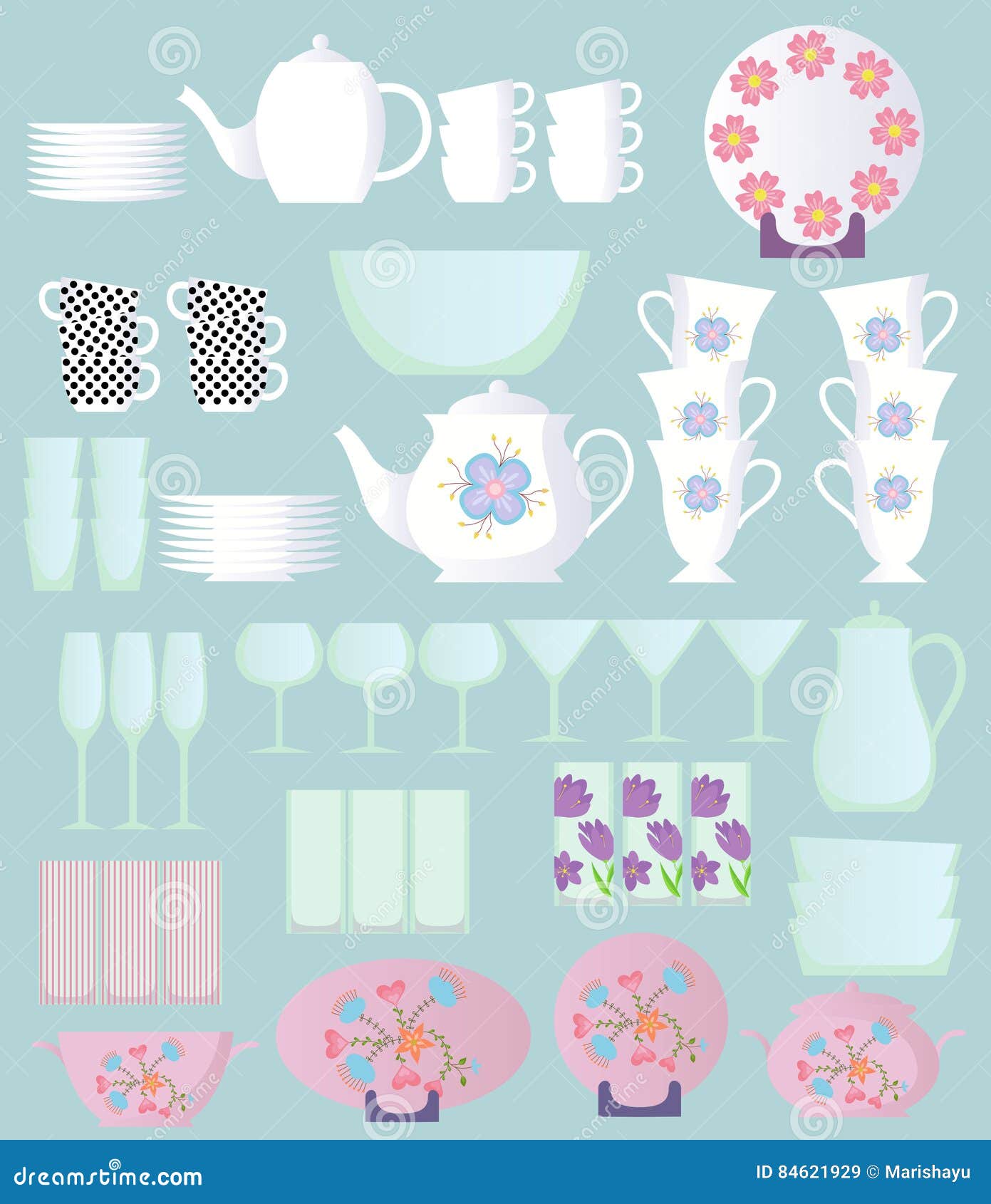 Dishes sset cartoon stock vector. Illustration of flower - 84621929