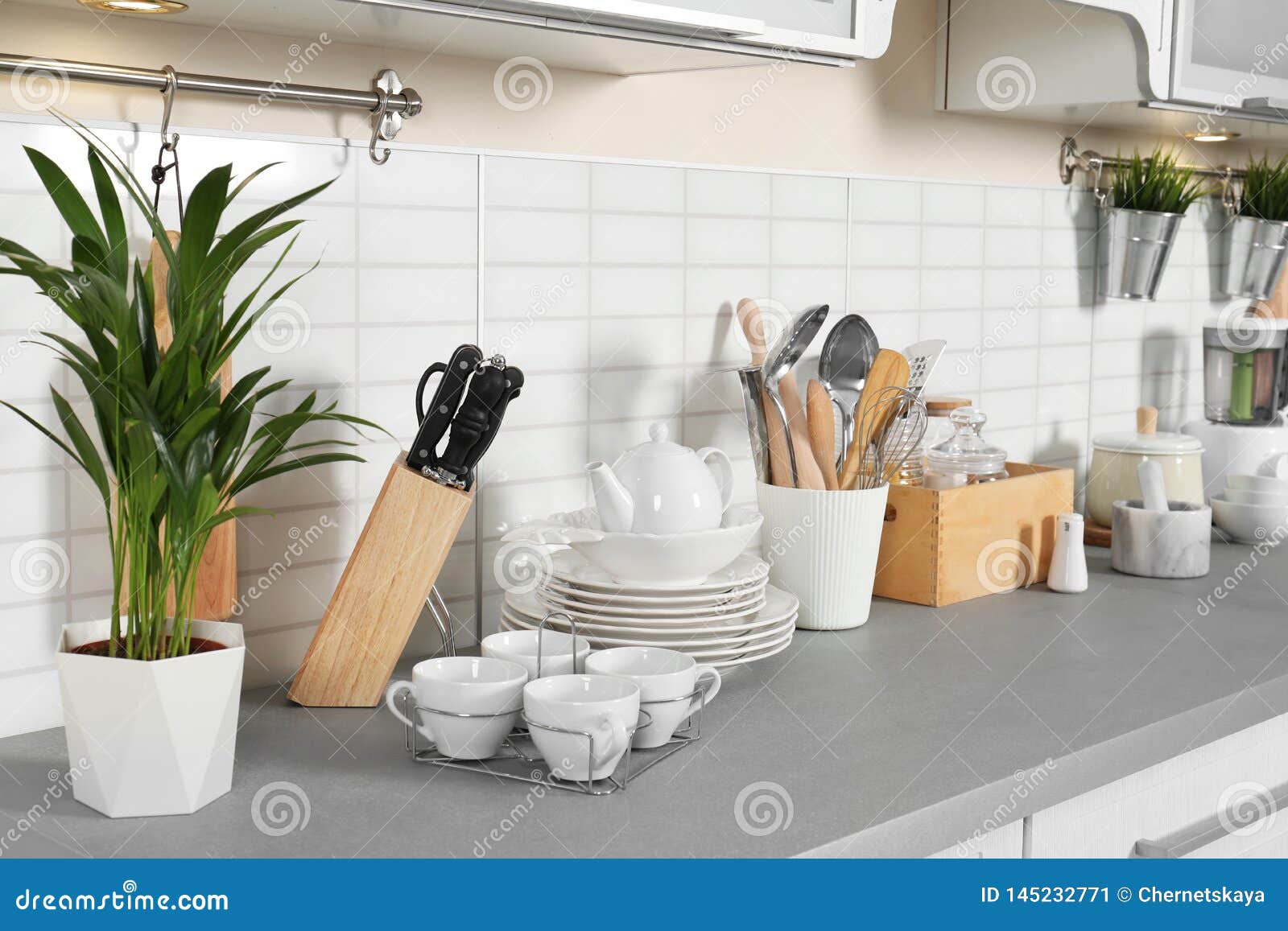 Dishes and Utensils on Kitchen Counter Stock Image - Image of buffet ...