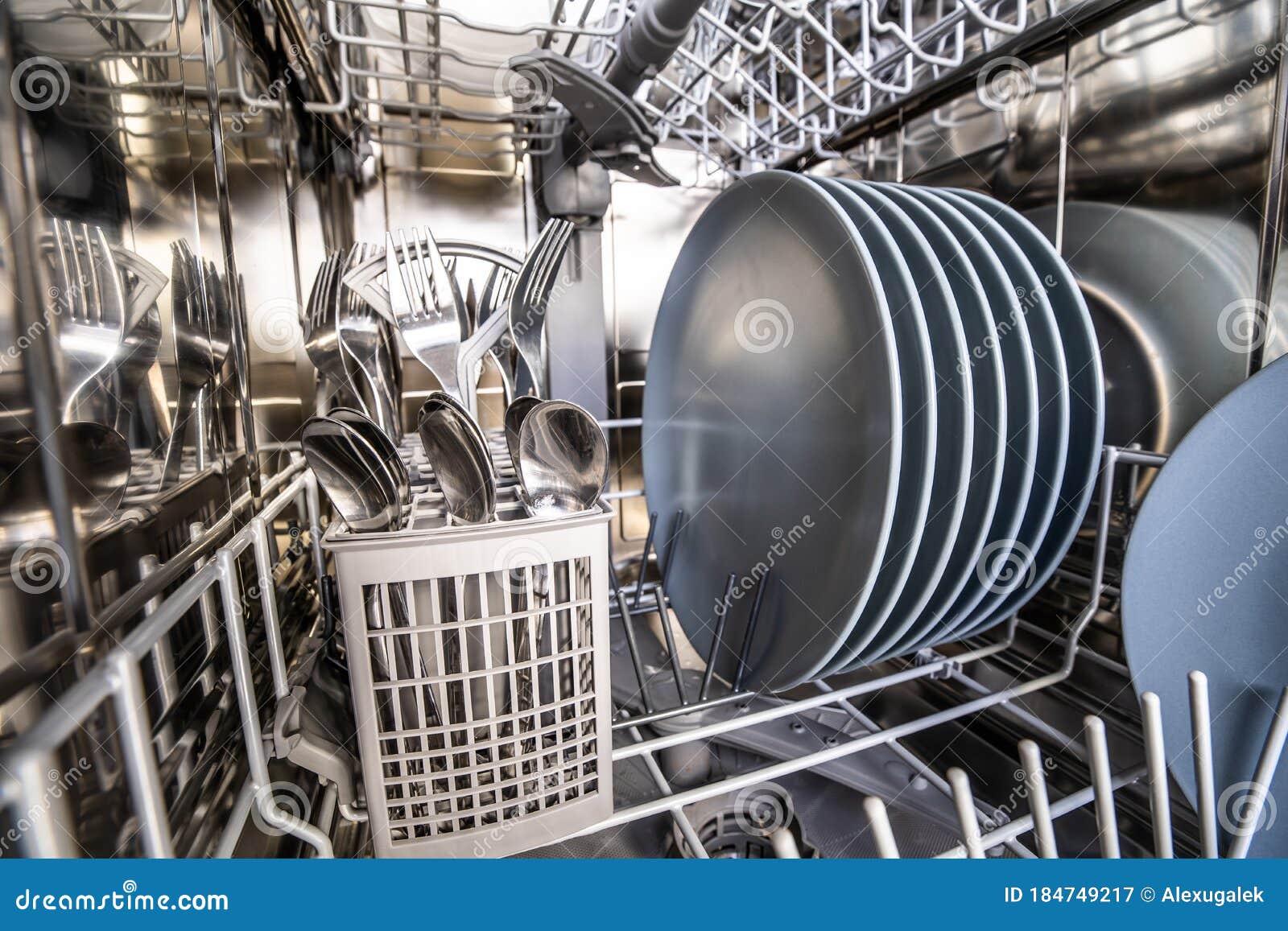 Dishwasher with Dishes Inside Stock Image - Image of fork, open: 184749217