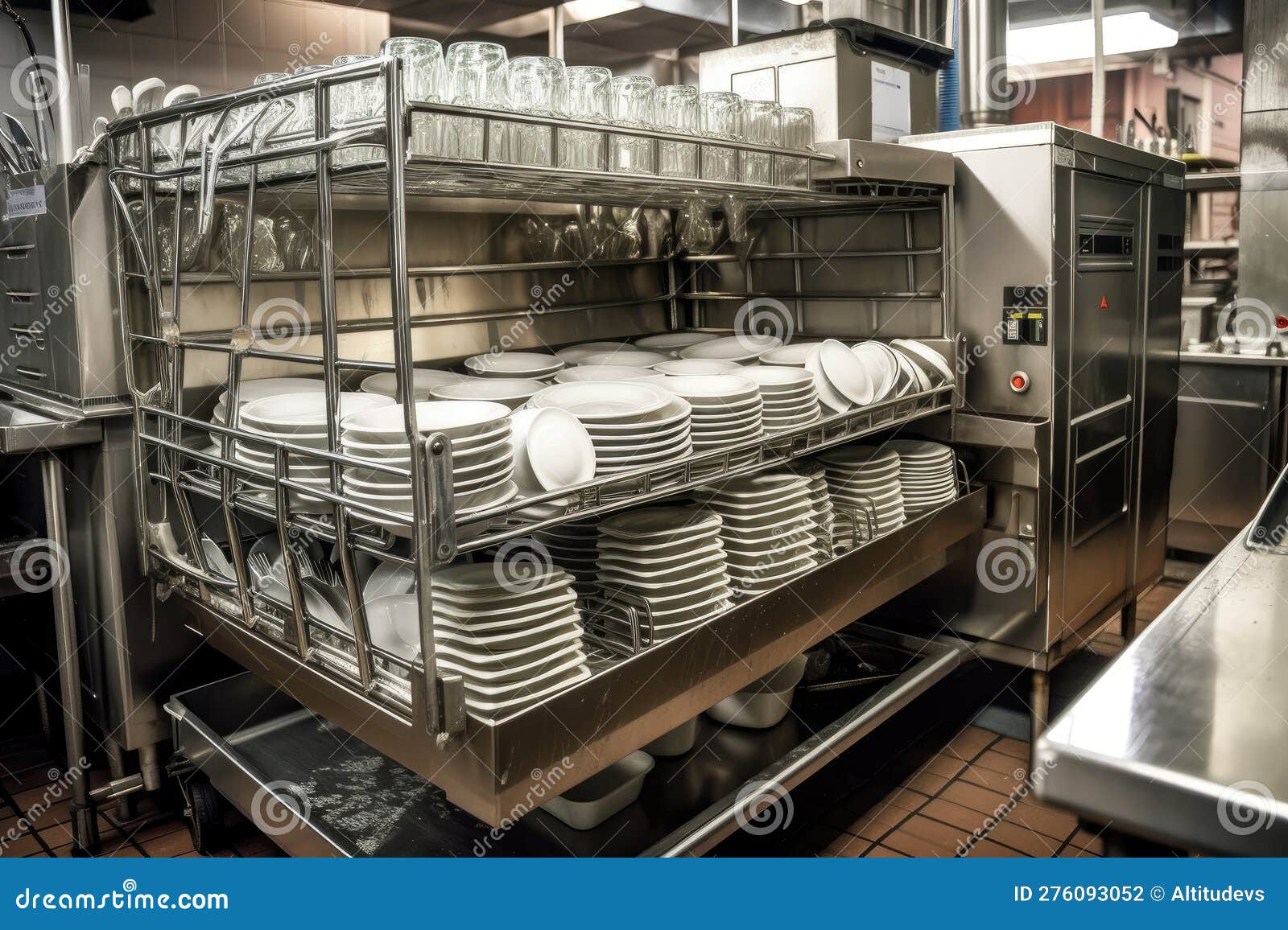 Dishwasher with Full Load of Dishes Ready To Be Cleaned in Industrial ...