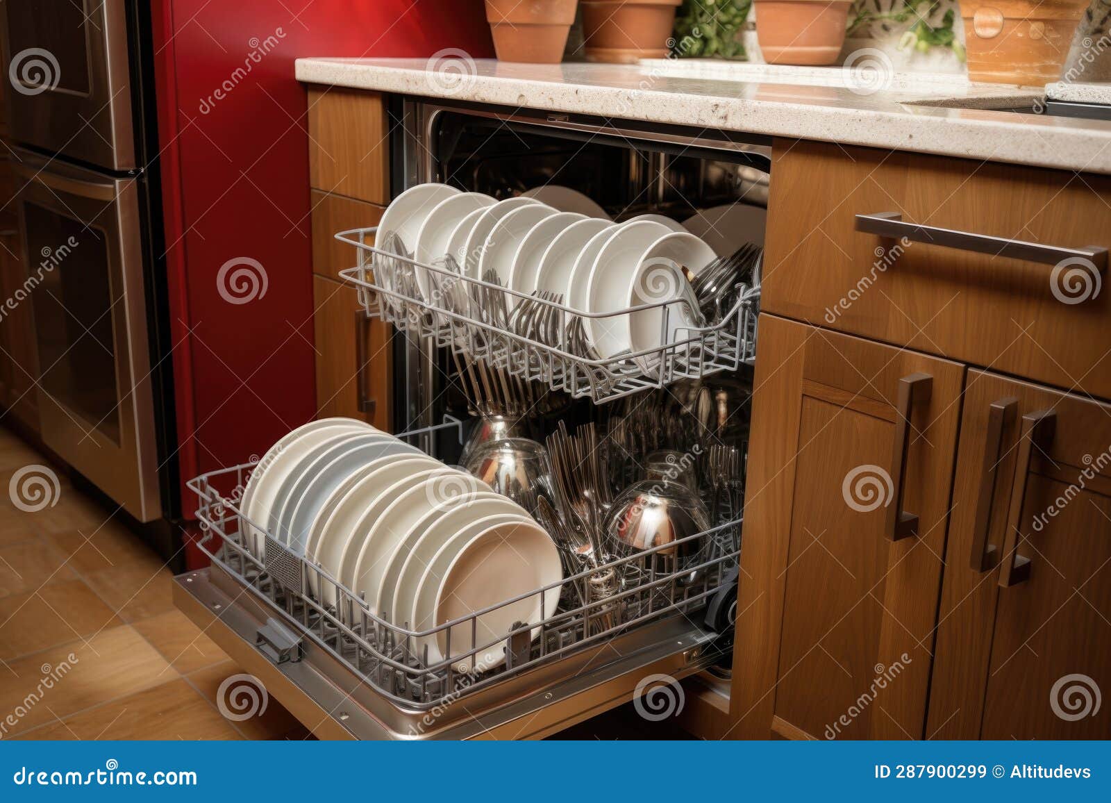 Dishwasher with Open Door and Spotless Dishes Stock Image - Image of ...