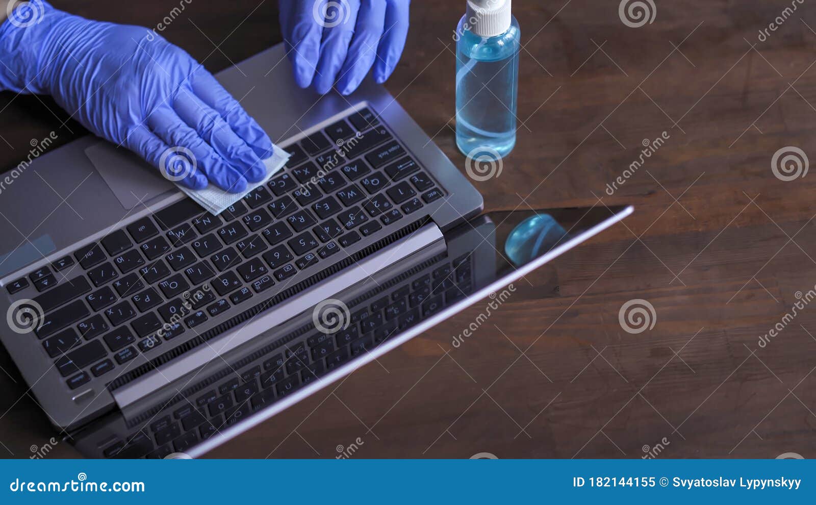 Disinfection of a Computer Keyboard. Hands in Gloves Carry Out ...