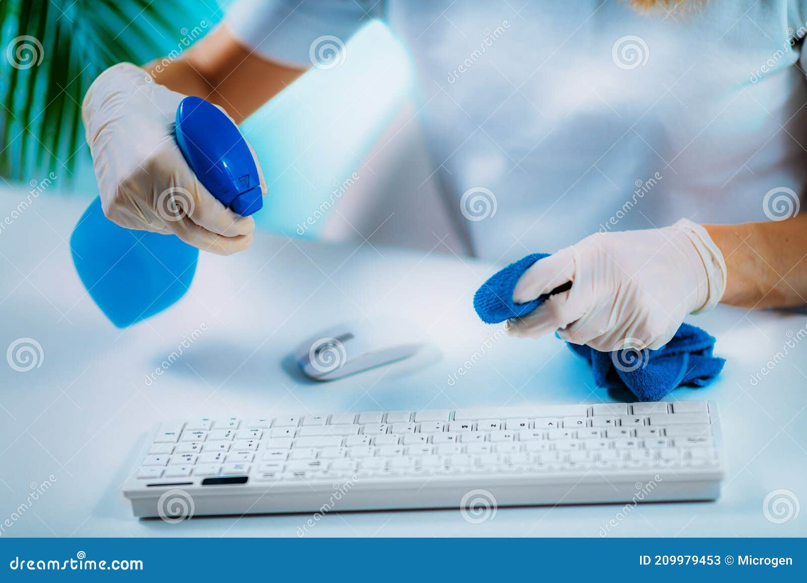 Disinfection of Computer Keyboard and Mouse. Woman Disinfecting ...