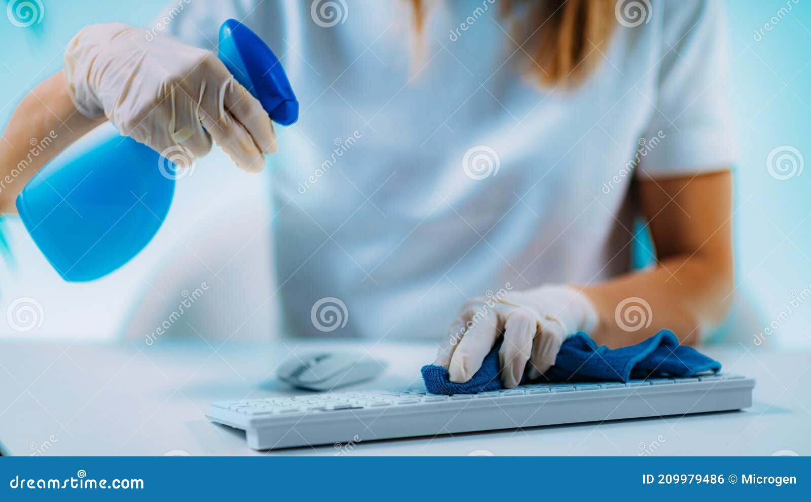 Disinfection of Computer Keyboard and Mouse. Woman Disinfecting ...