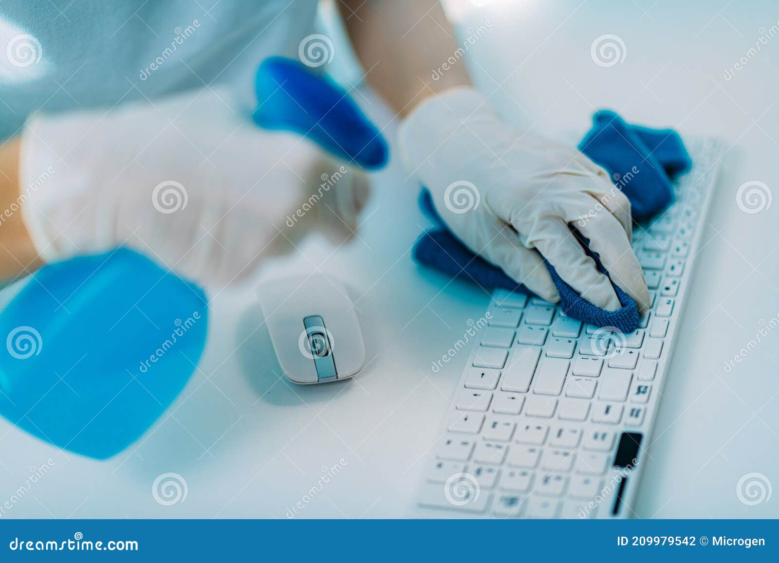 Disinfection of Computer Keyboard and Mouse. Woman Disinfecting ...