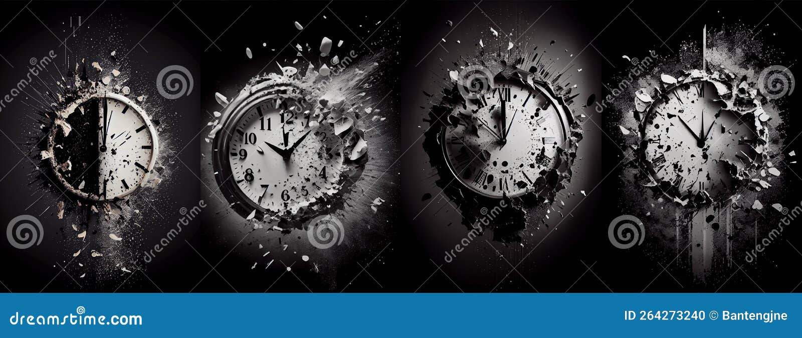 Disintegration Clock Set in Black and White Colors Background. the ...
