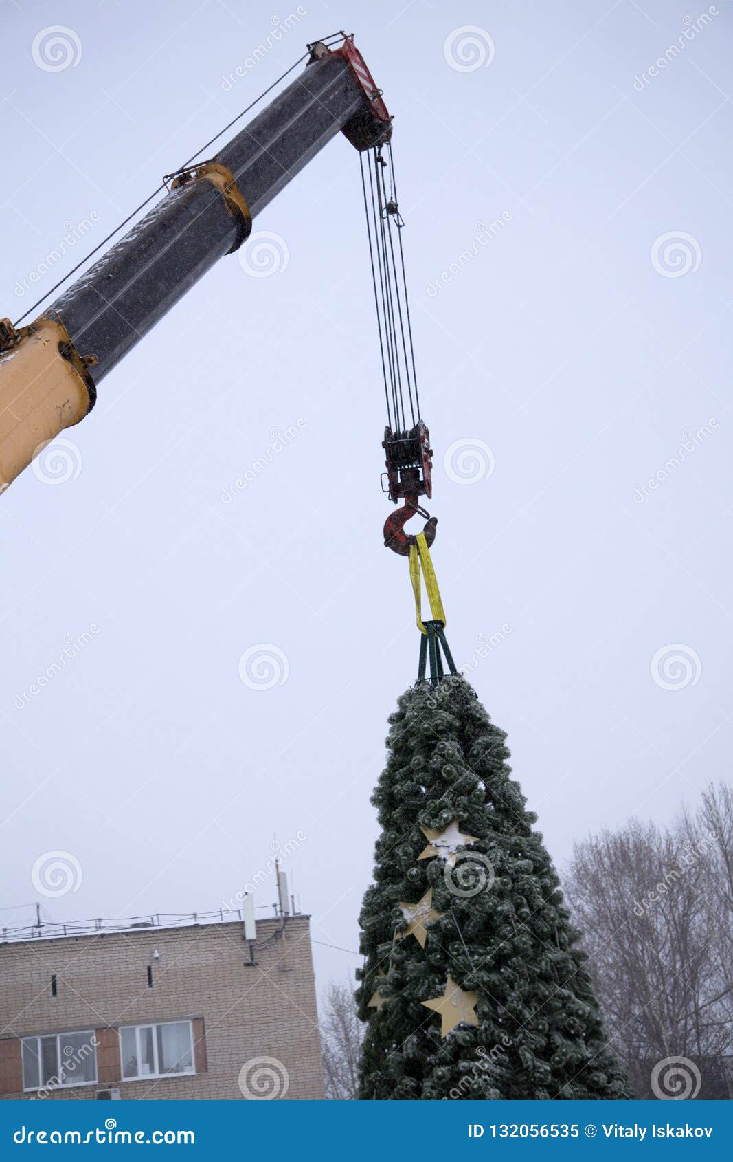 Dismantling the Christmas Tree with a Machine Crane Working Stock Image ...