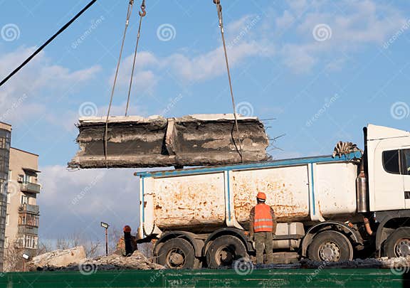Dismantling of Concrete Structures with a Construction Crane. Stock ...