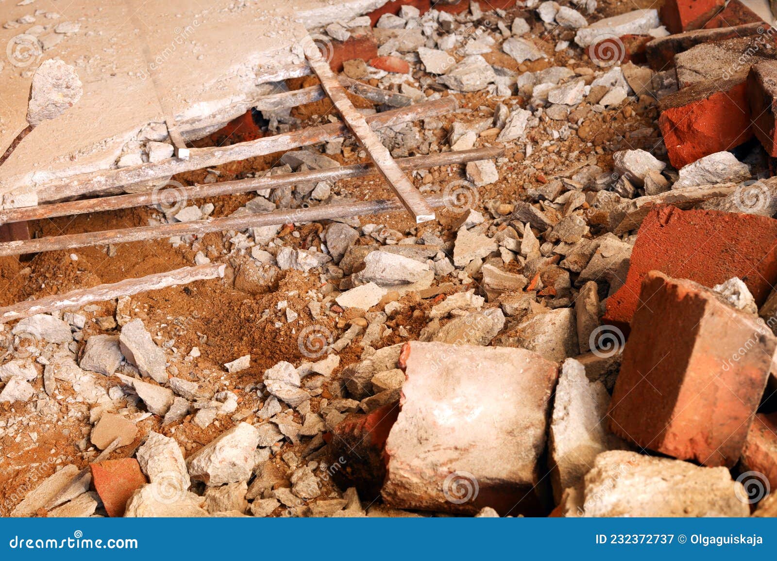 Dismantling, Disassembling the Floor. Smashed Concrete and Bricks Floor ...