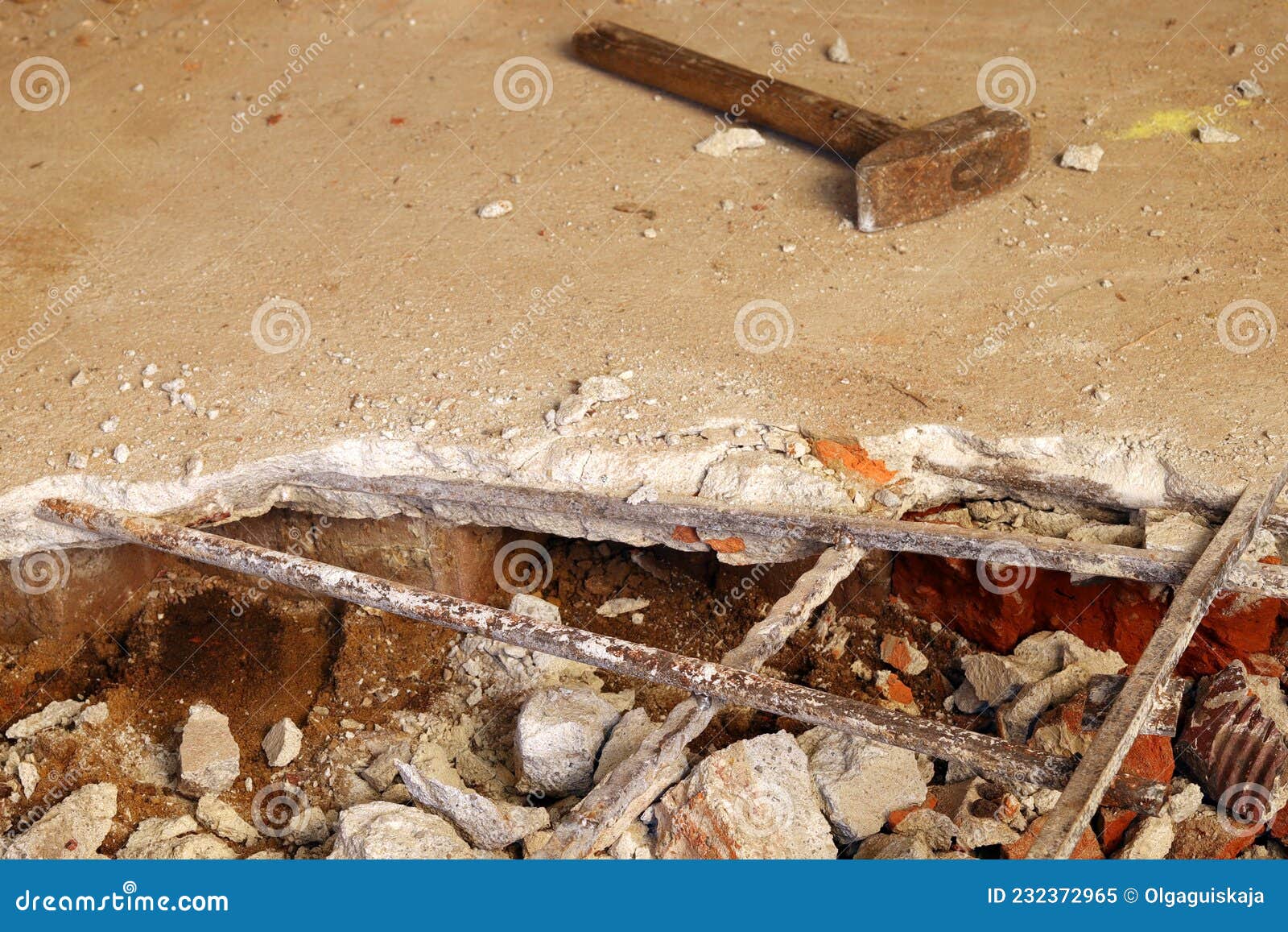 Dismantling, Disassembling the Floor. Smashed Concrete and Bricks Floor ...