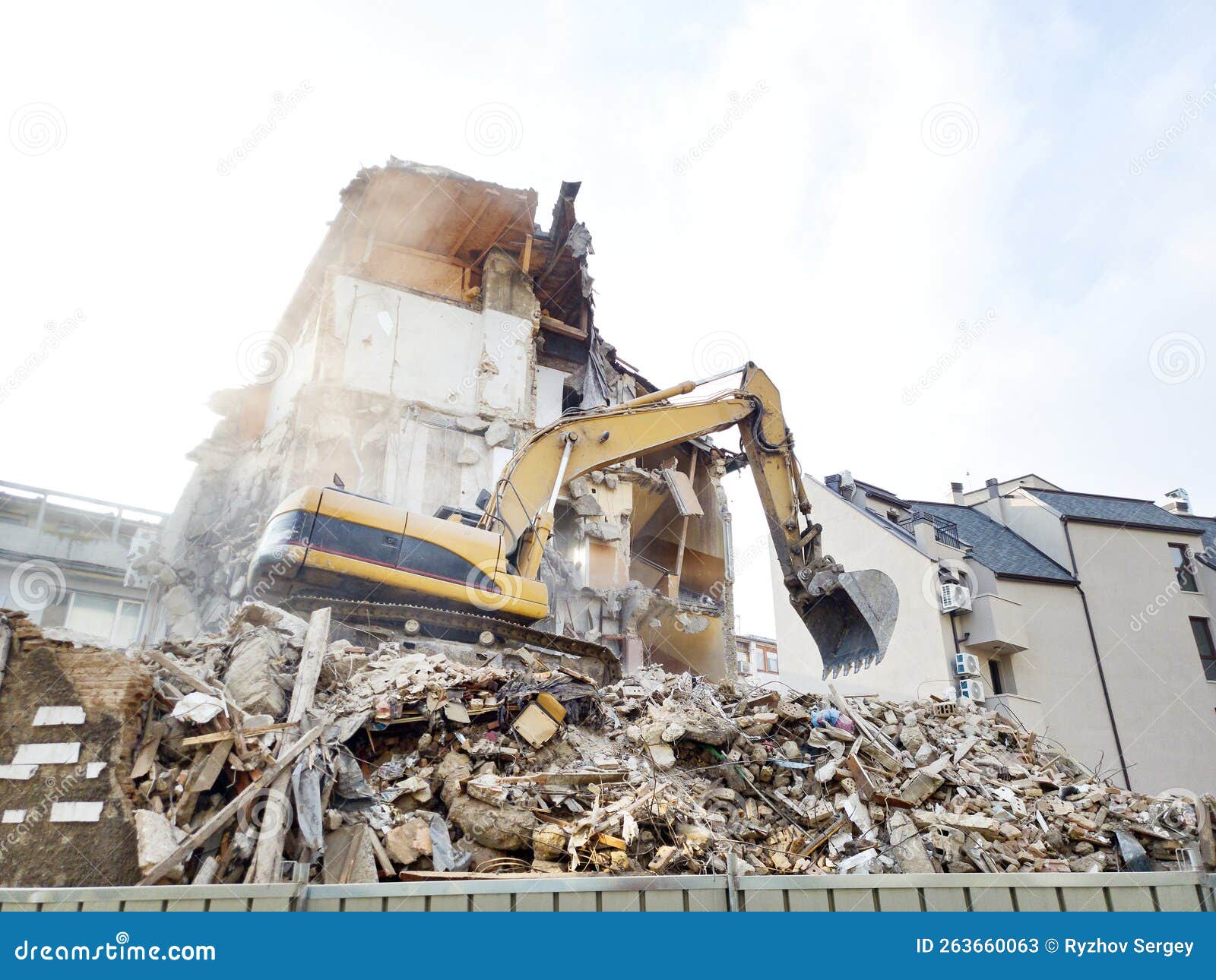 Dismantling Old Residential Building with Excavator Stock Image - Image ...