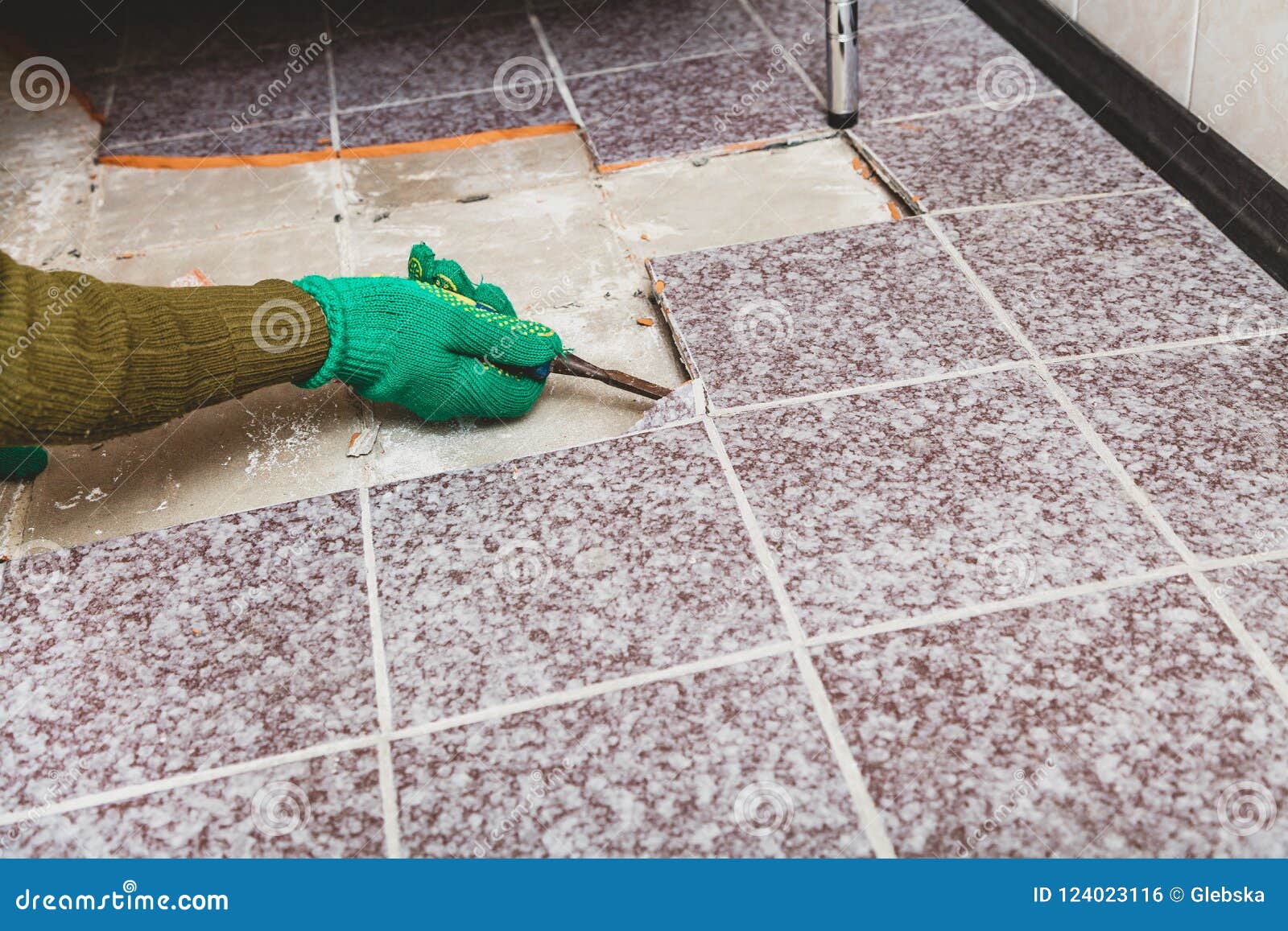 Hands Take Tile with Chisel Stock Photo - Image of close, glove: 124023116