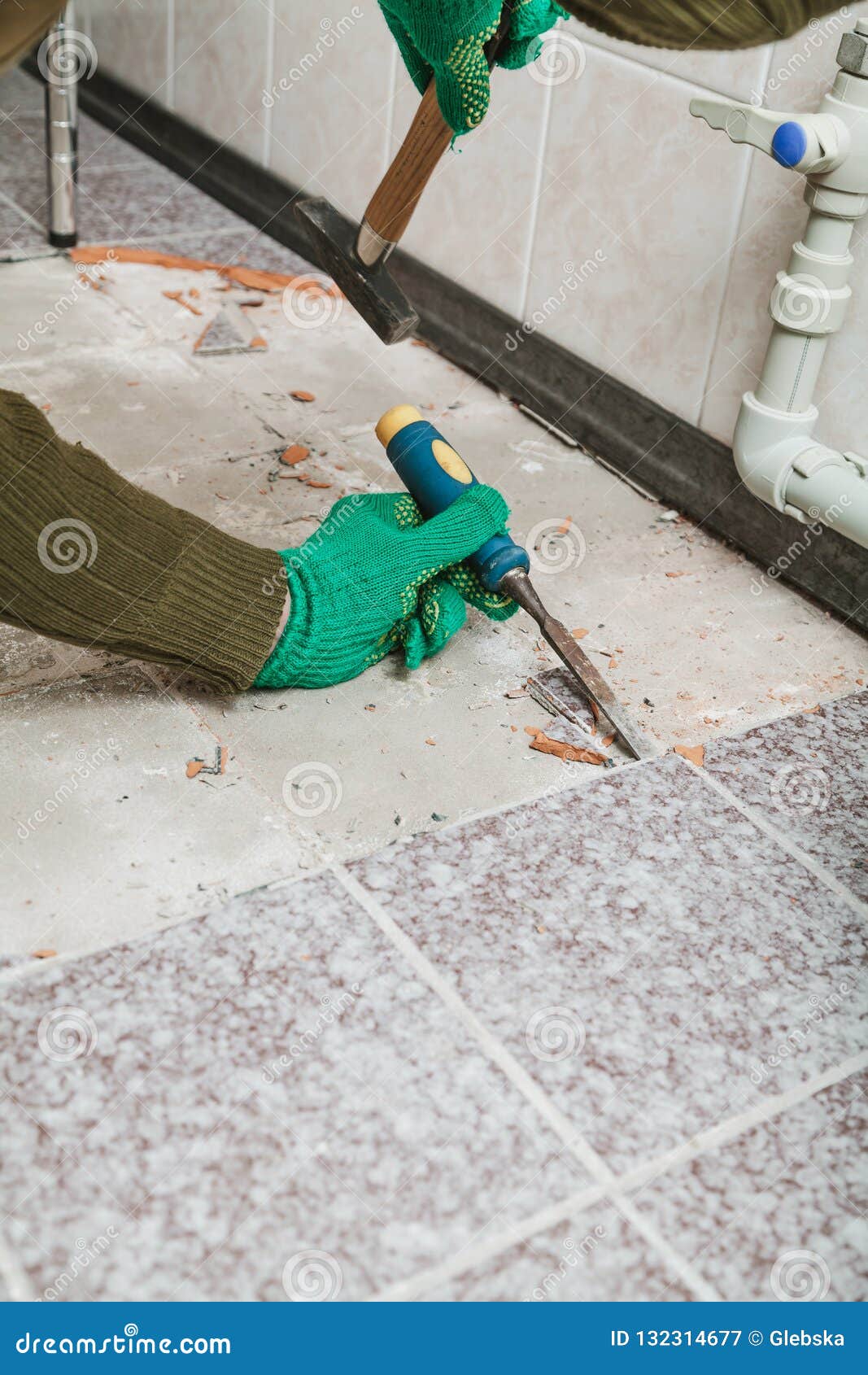 Hands Remove Tile with Chisel and Hammer Stock Image - Image of layer ...
