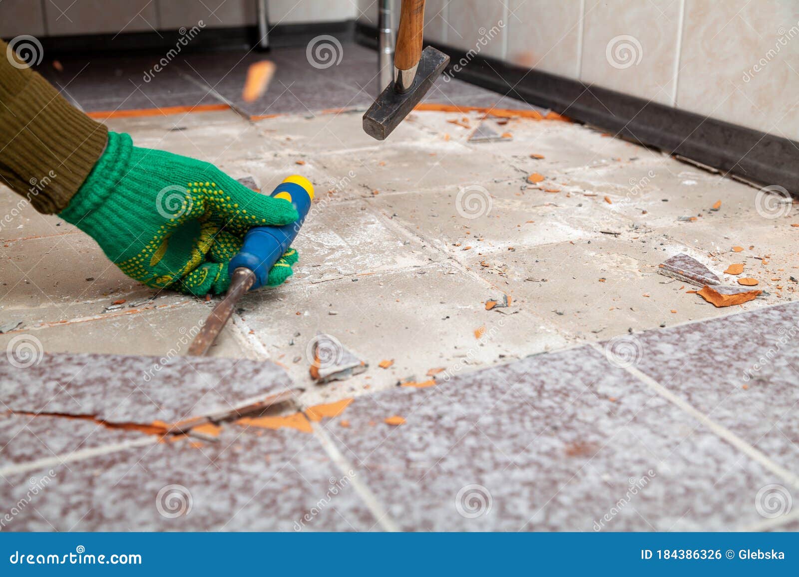 Hands Remove Tile with Chisel and Hammer Stock Photo - Image of hammer ...