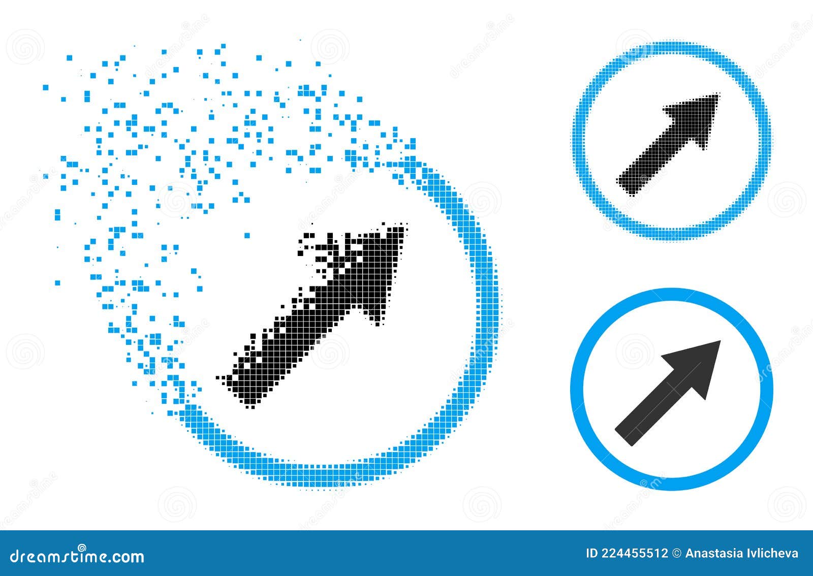 Dispersed and Halftone Pixelated Up-Right Rounded Arrow Icon Stock ...